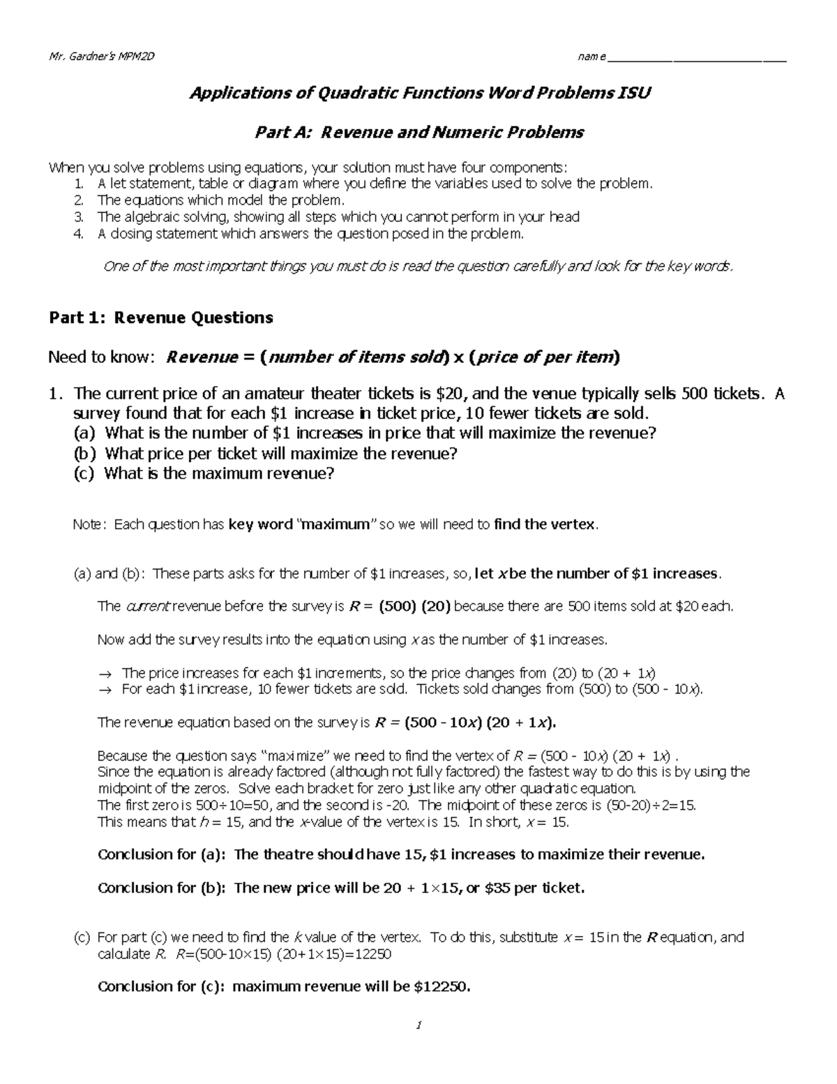 Word problems practice - Applications of Quadratic Functions Word ...