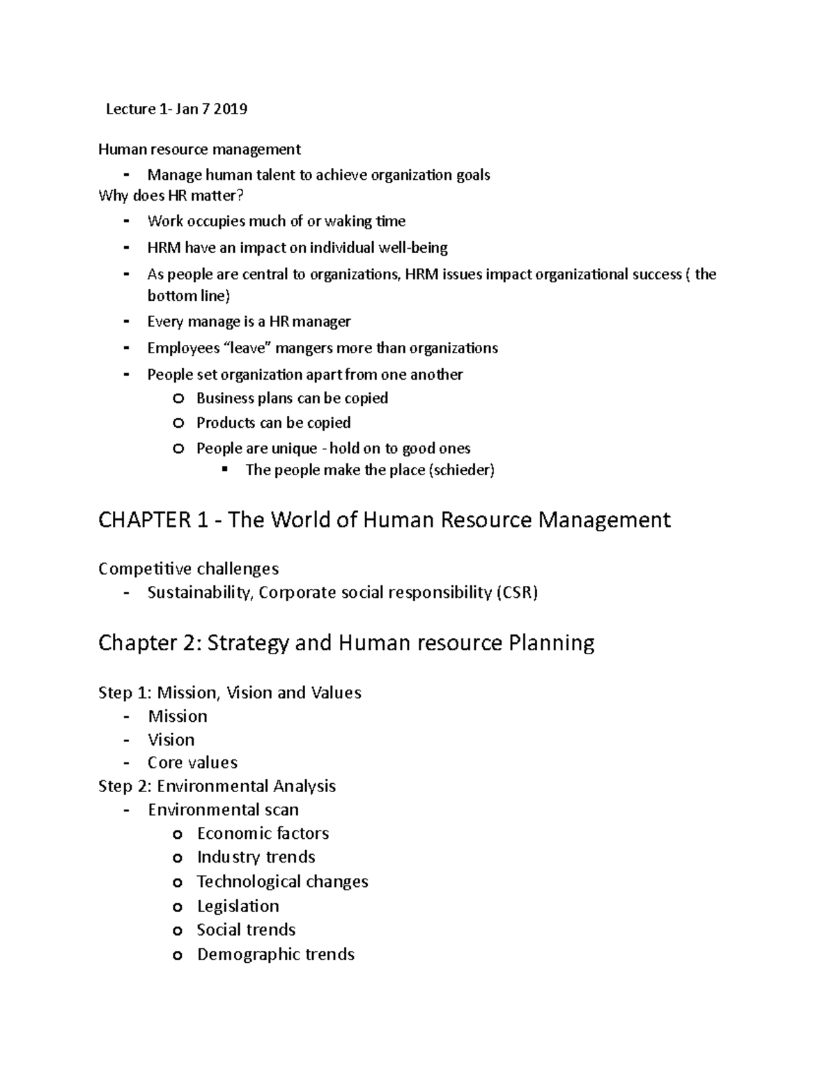 Human resource - lecture notes - Lecture 1- Jan 7 2019 Human resource ...