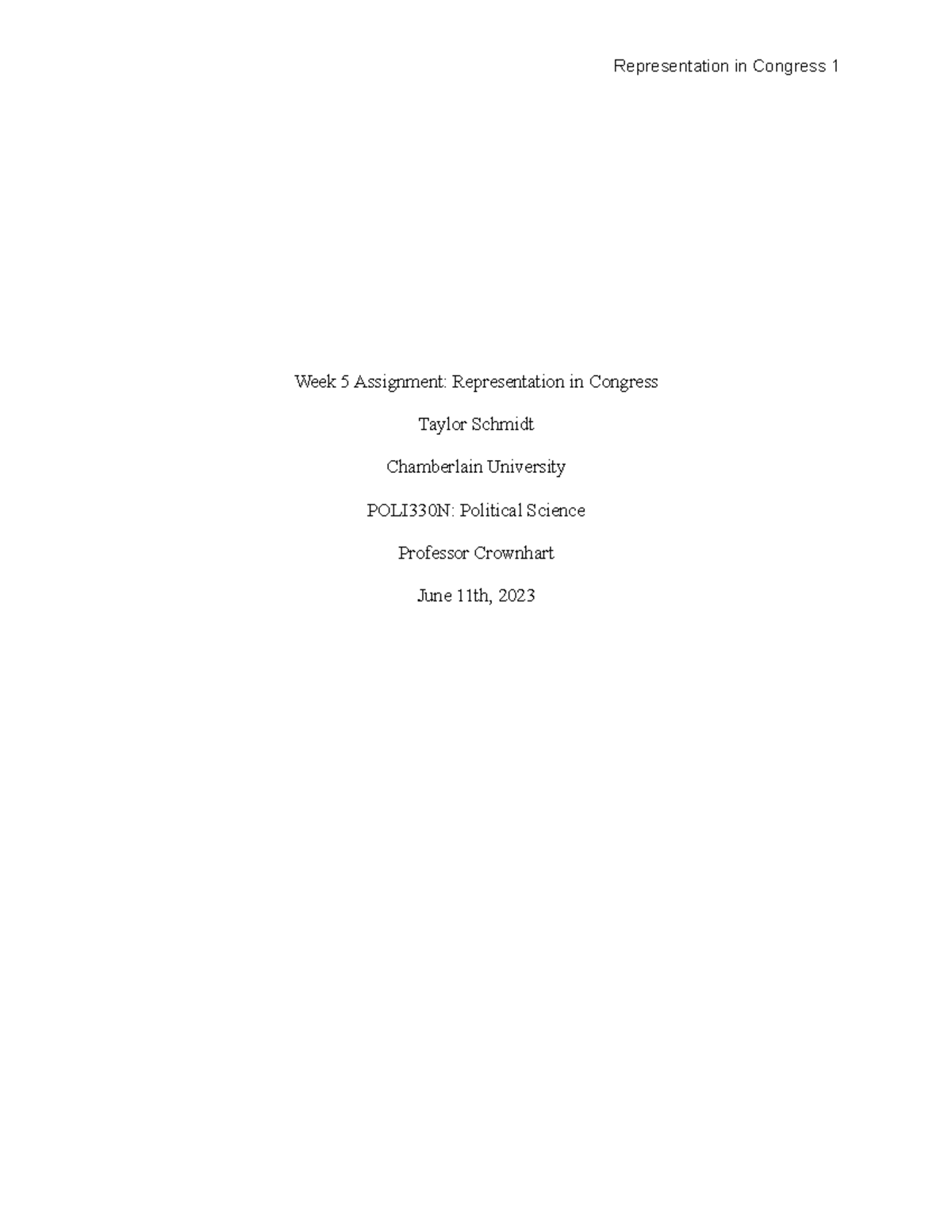POLI330N WK 5 Rep in Congress Paper Schmidt - Week 5 Assignment ...