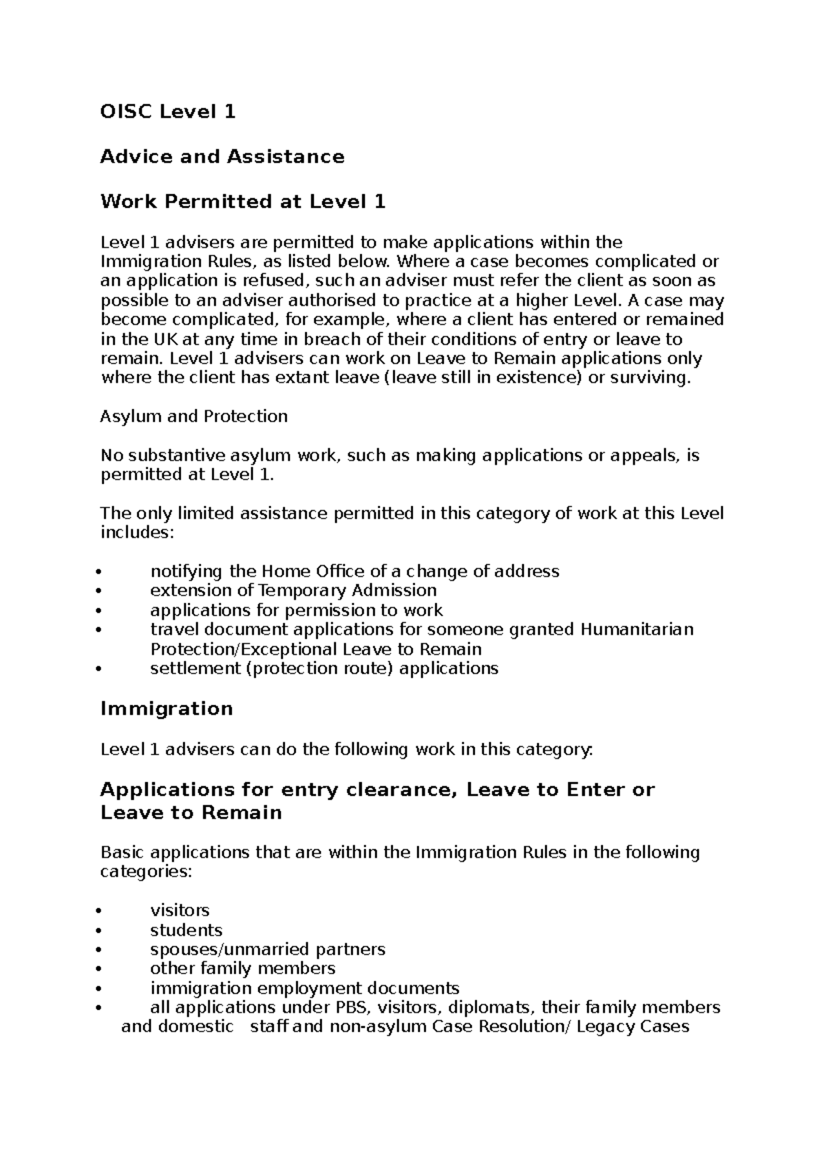 Level 1 Adviser Work - Immigration Law - OISC Level 1 Advice and ...