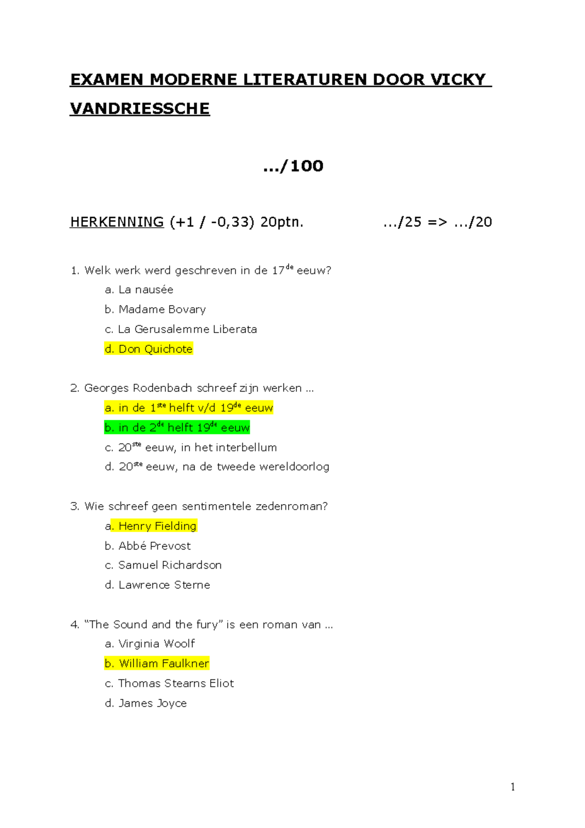 Moderne literatuur: Proefexamen - EXAMEN MODERNE LITERATUREN DOOR VICKY ...