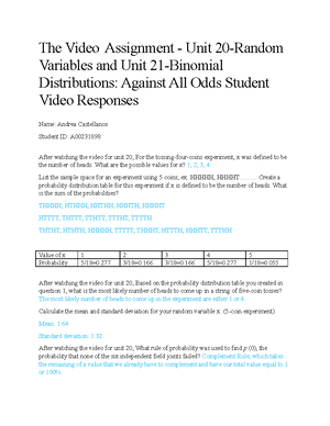 MATH-Stats Video Responses - The Video Assignment - Unit 16 and 17 ...