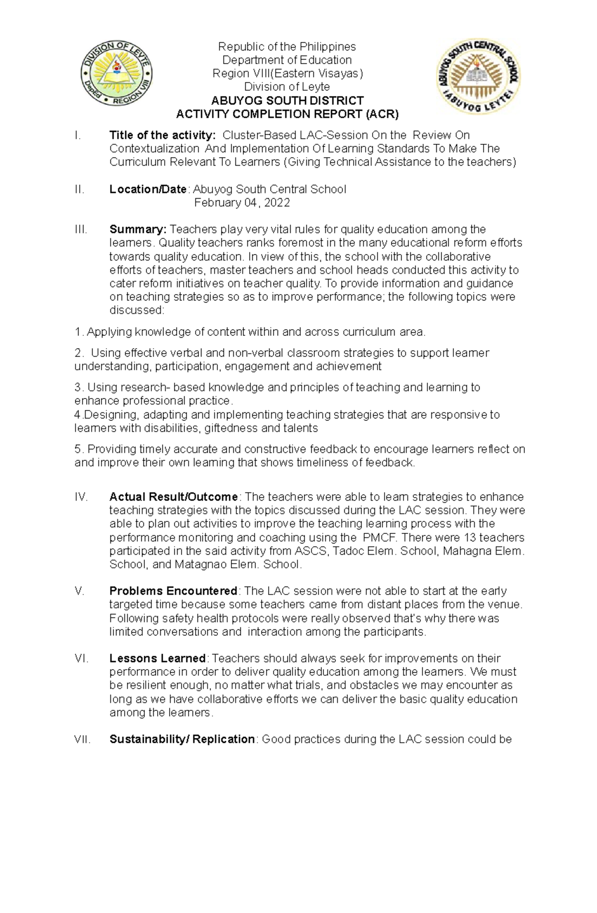 ACR LAC Session TA Content and Pedadogy Performance Review TA Content ...