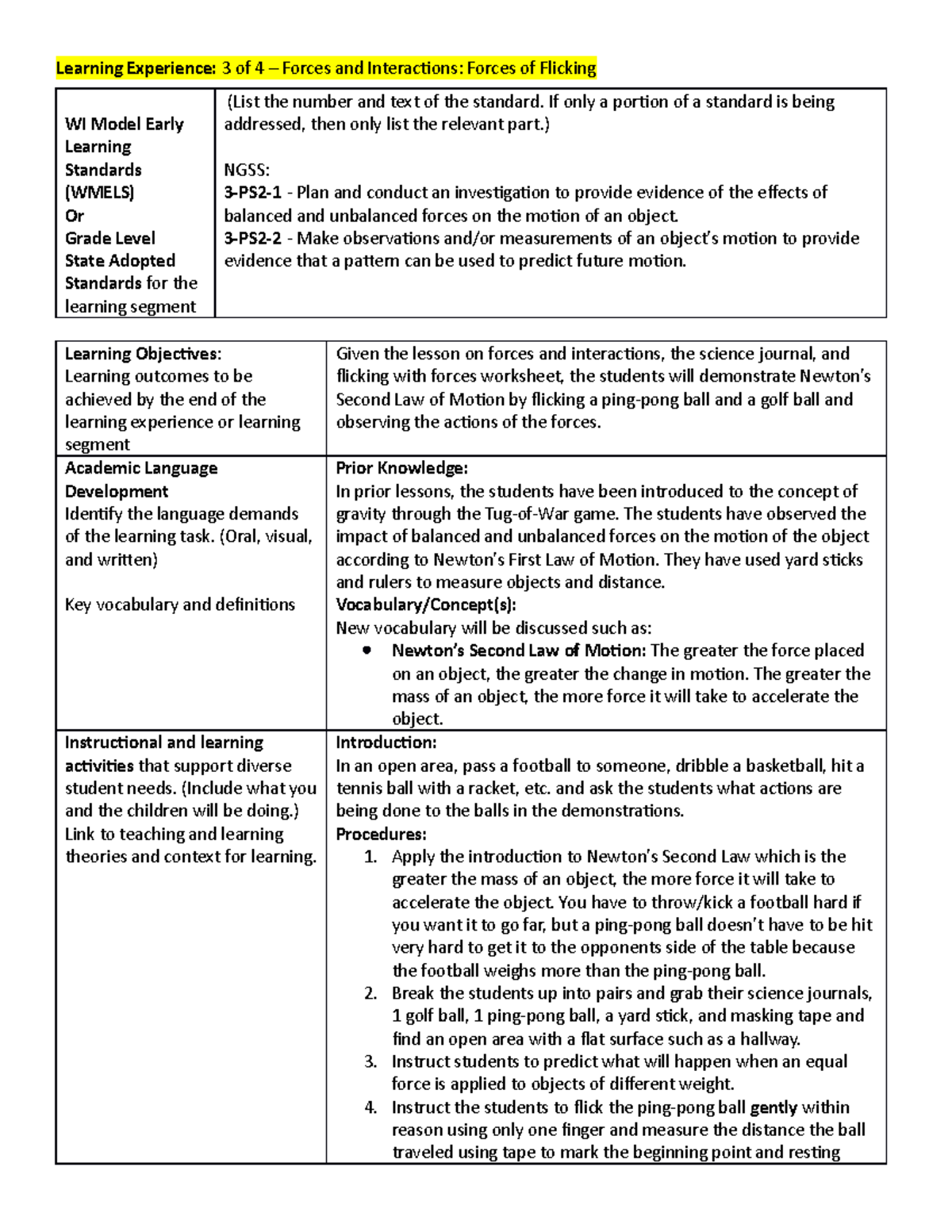 Edtpa 3rd Grade Science Lesson 3 Of 4 Learning Experience 3 Of 4 Forces And Interactions 