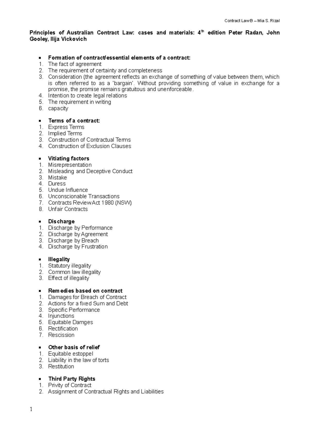 Exam Prep Contact Law B - Summary Principles of Australian Contract Law ...