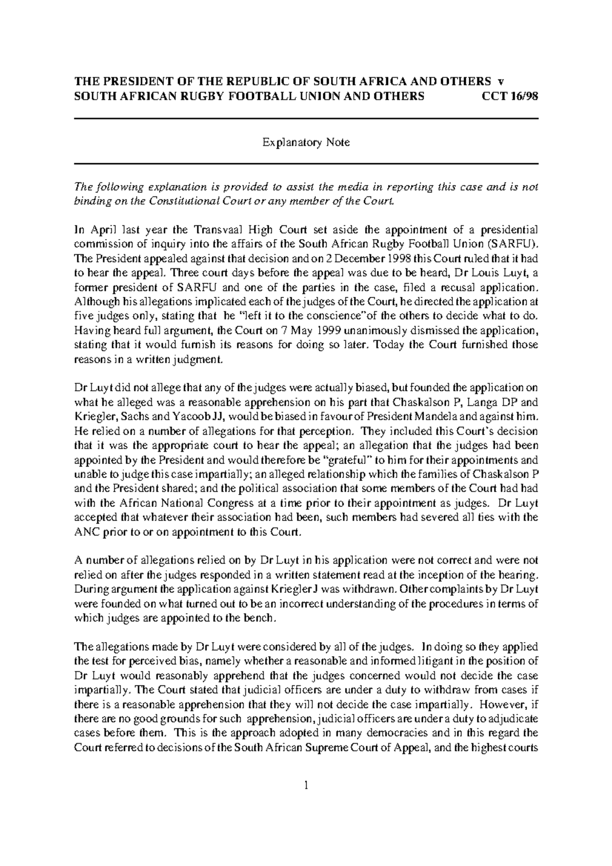 Sarfu Case - Human rights law - THE PRESIDENT OF THE REPUBLIC OF SOUTH ...