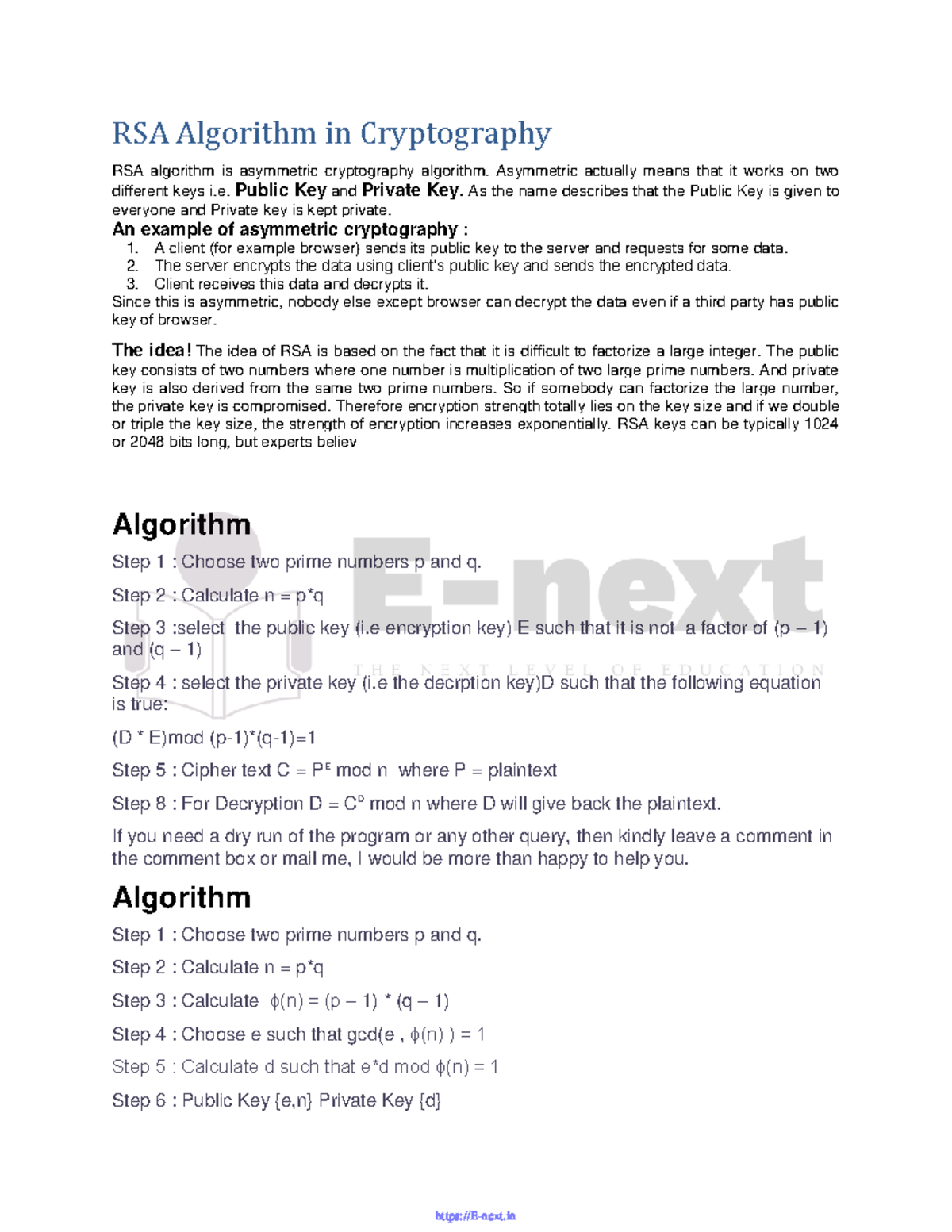 Unit 13 Public Key Cryptography And Rsa E Next Rsa Algorithm In Cryptography Rsa Algorithm