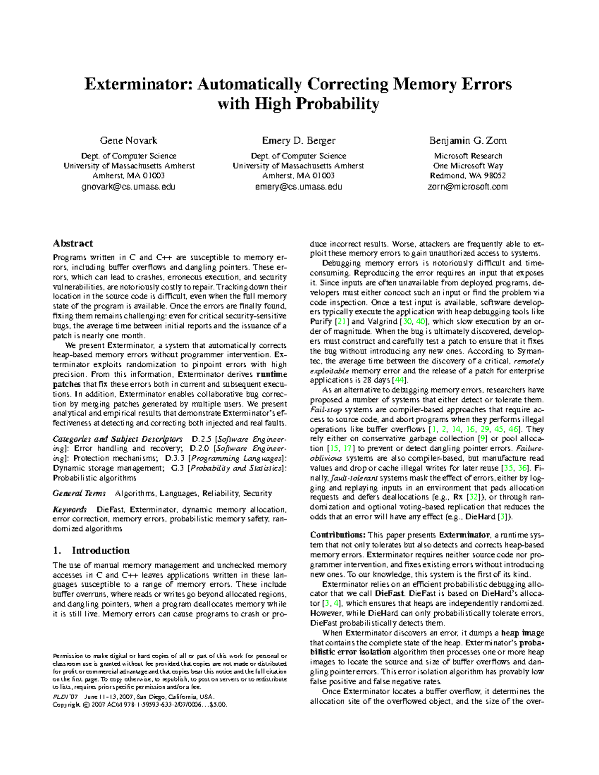 Exterminator: Automatically Correcting Memory Errors with High Probability Research Paper ...