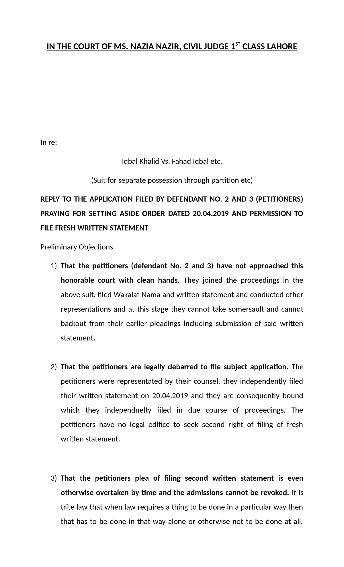 Iqbal Khalid Reply - Lecture notes of criminal law - IN THE COURT OF MS ...