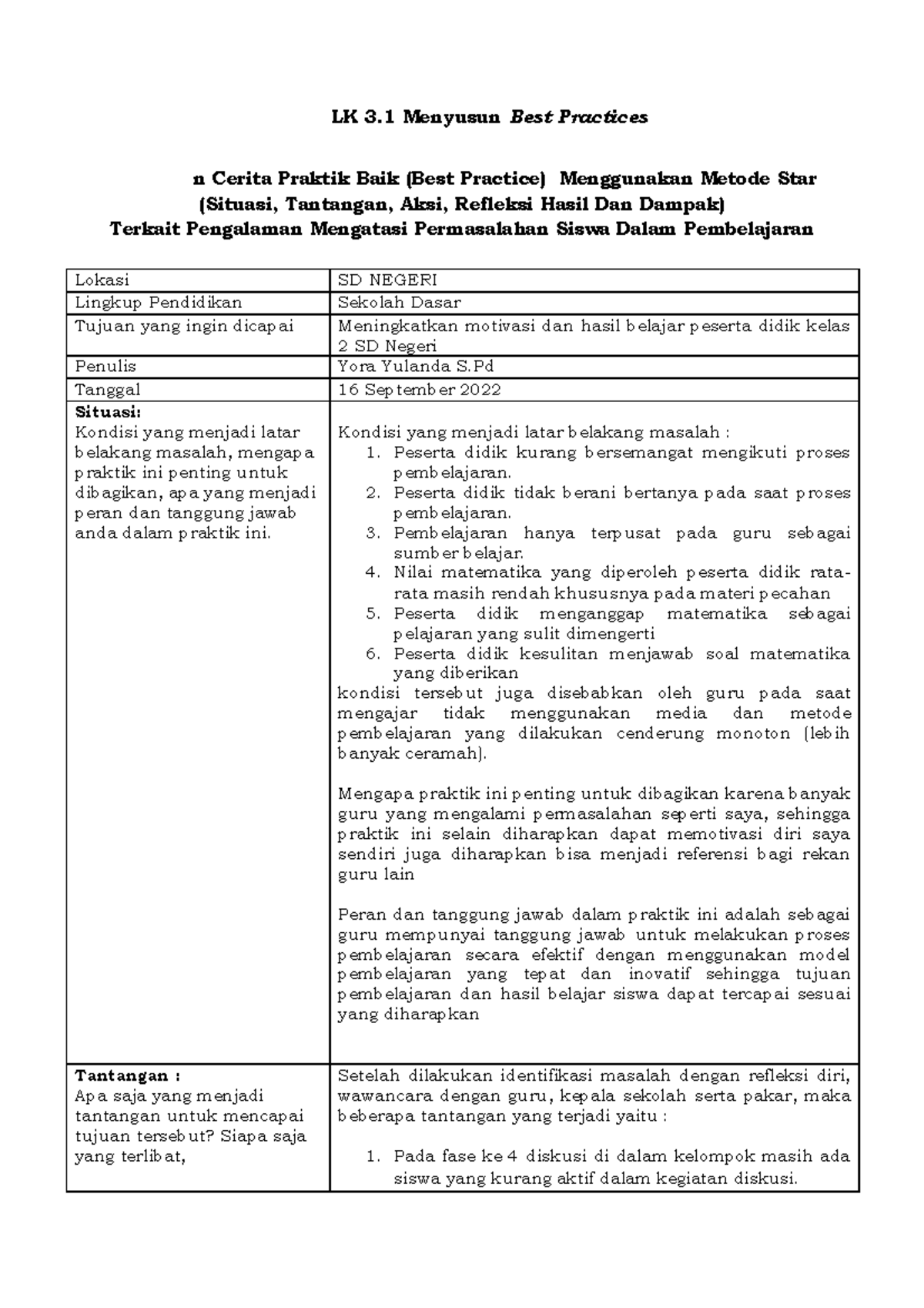 Laporan best practice metoda star - LK 3 Menyusun Best Practices n ...
