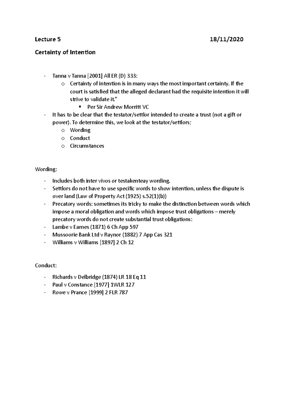 Lecture 5 - Certainty of Intention - Lecture 5 18/11/ Certainty of Intention Tanna v Tanna [2001 ...