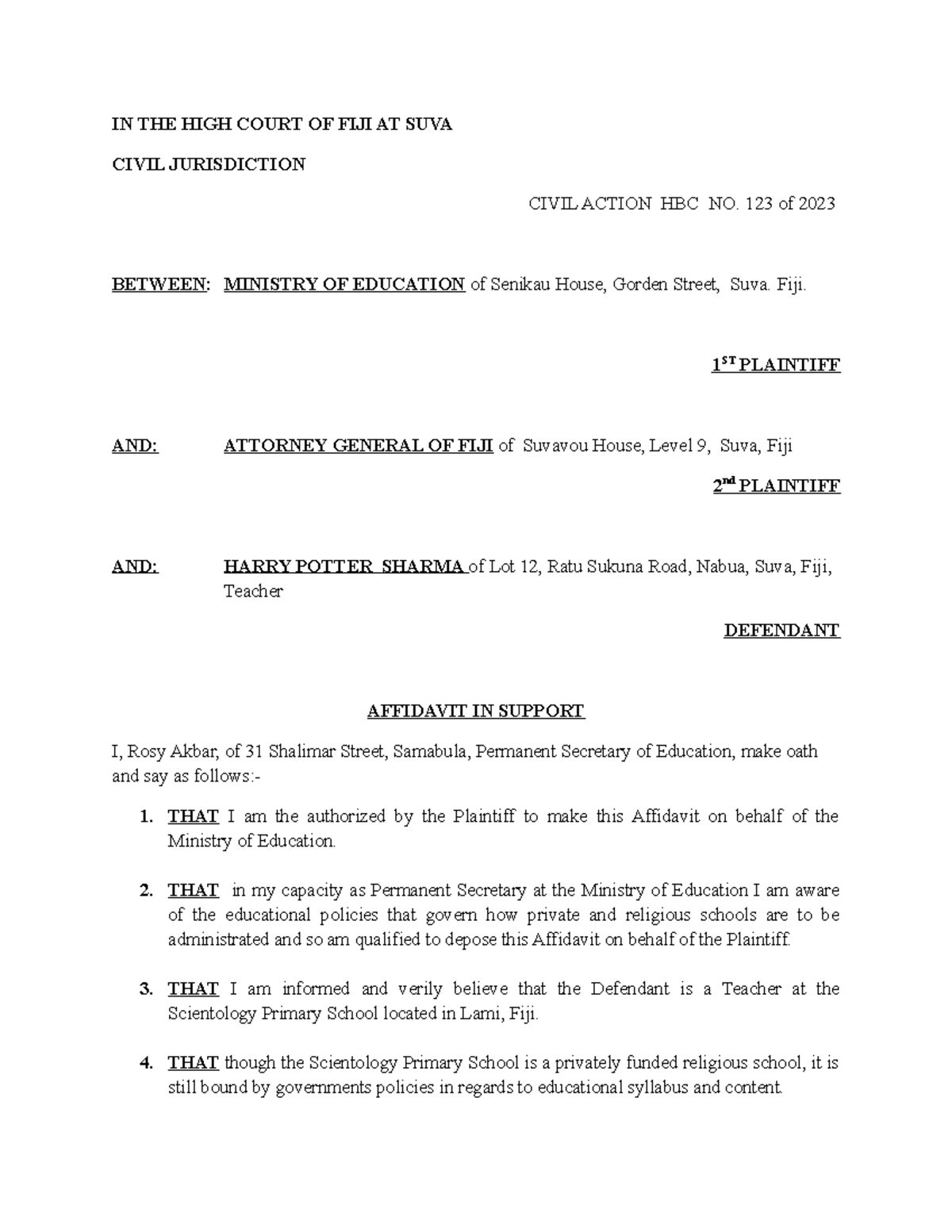 Sample - Affidavit in Support for Applicant - IN THE HIGH COURT OF FIJI ...