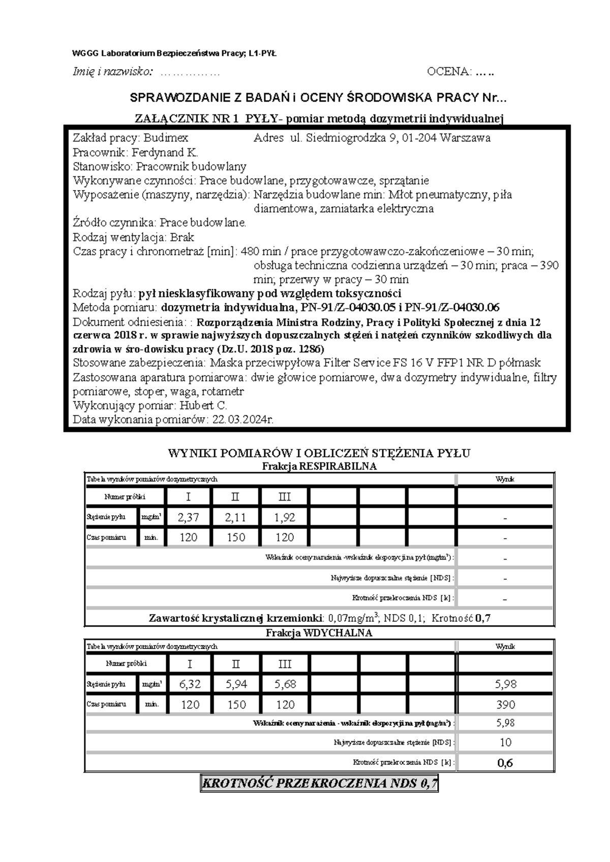 Sprawodzanie pył HC266166 - WGGG Laboratorium Bezpieczeństwa Pracy; L1 ...
