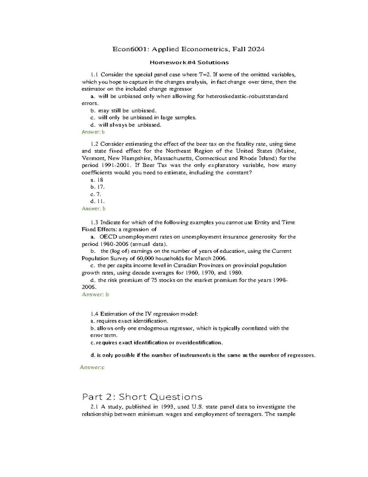 ECON6001 HW4 Solution - Econ6001: Applied Econometrics, Fall 2024 Homework #4 Solutions 1 ...
