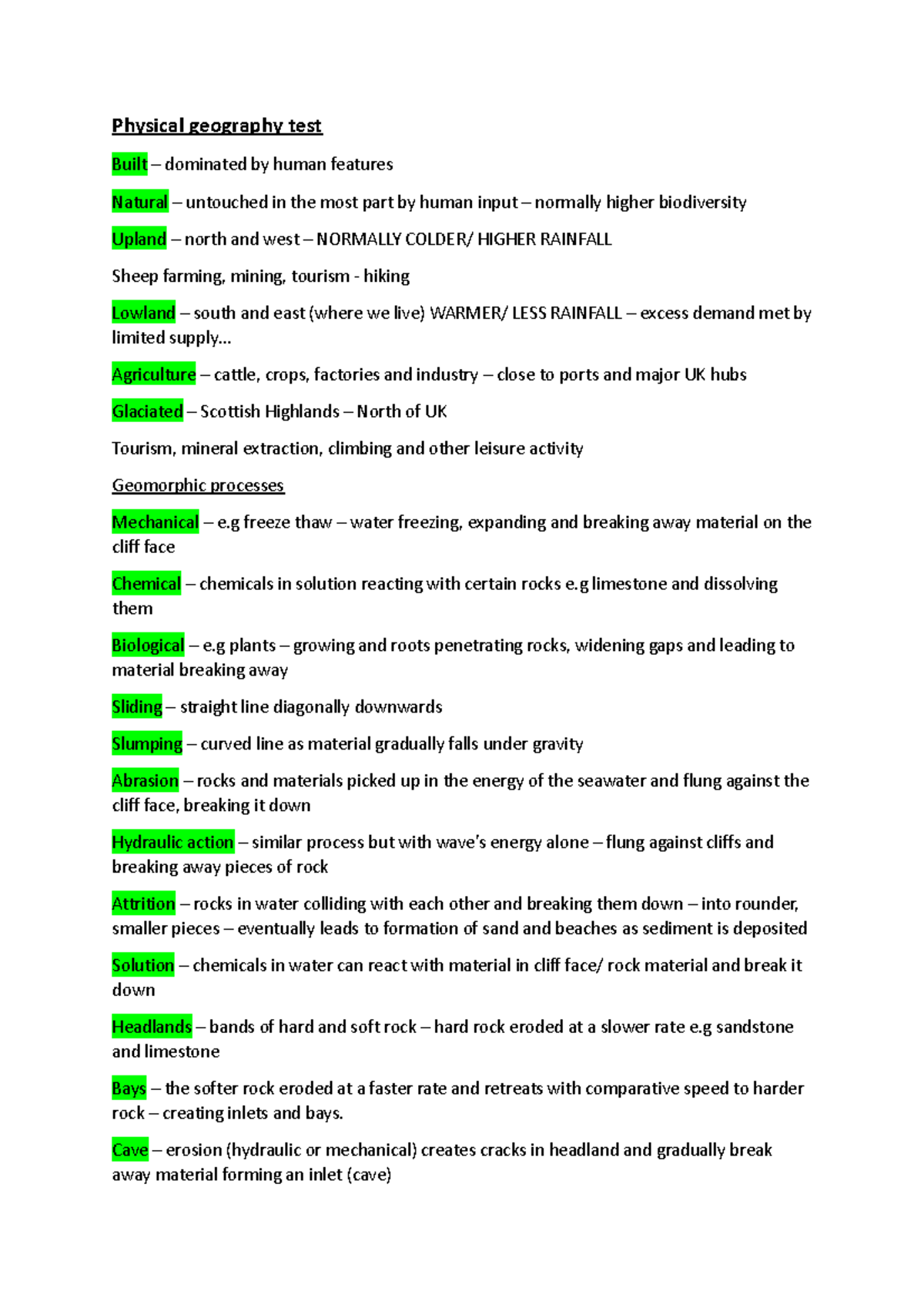 Physical geography test - Physical geography test Built – dominated by ...