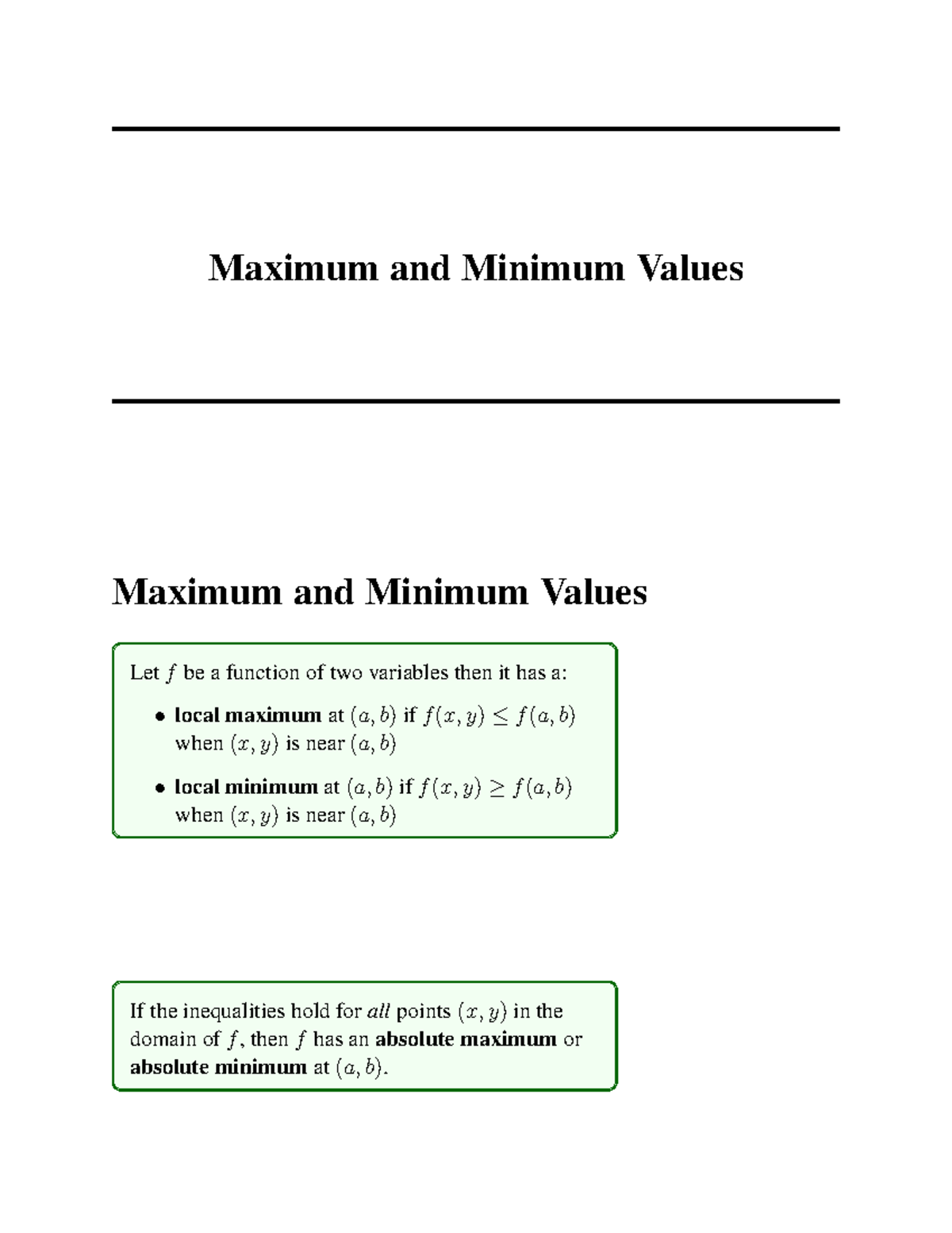 7 3 Maximum and Minimum Values - Maximum and Minimum Values The First ...