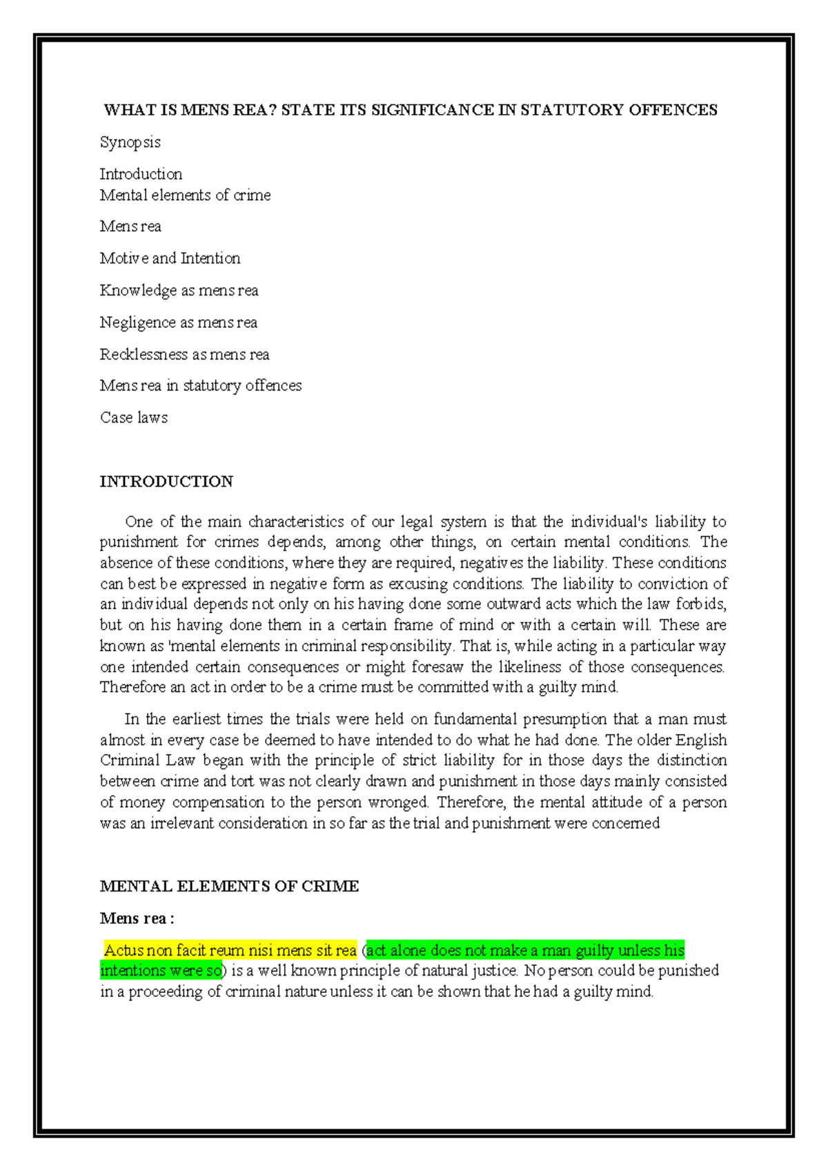 Sample answers - WHAT IS MENS REA? STATE ITS SIGNIFICANCE IN STATUTORY ...