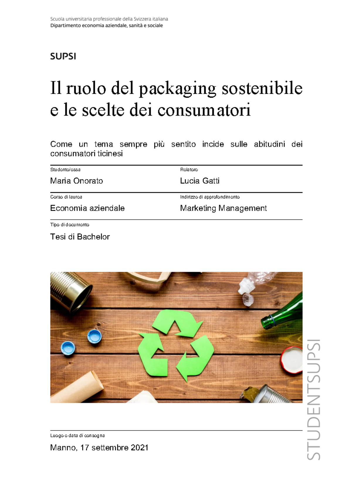 Onorato Maria Tesi Bachelor - Il ruolo del packaging sostenibile e le ...