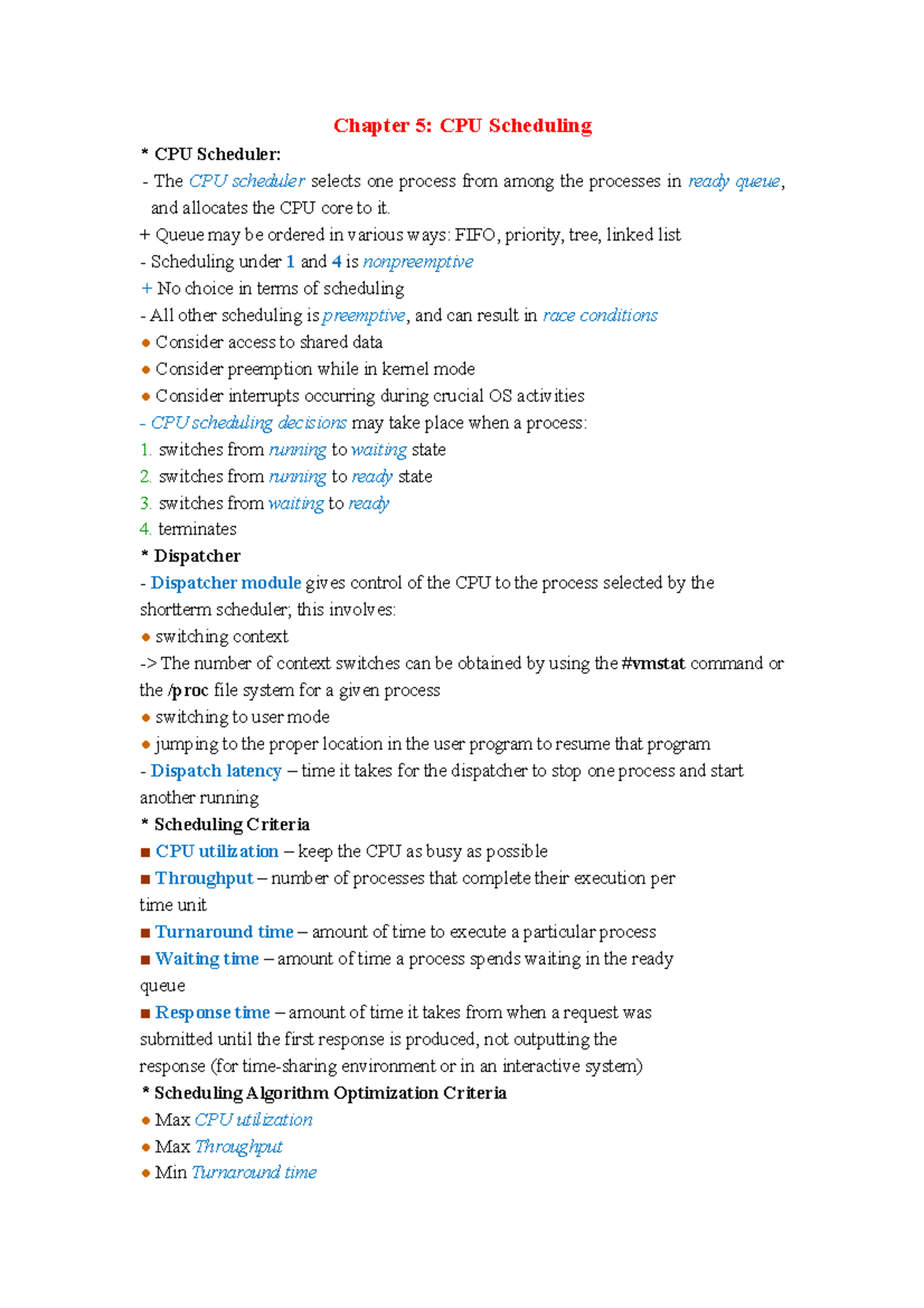 TÀI LIỆU OS CK - Operator System - Chapter 5: CPU Scheduling CPU Scheduler: The CPU scheduler ...