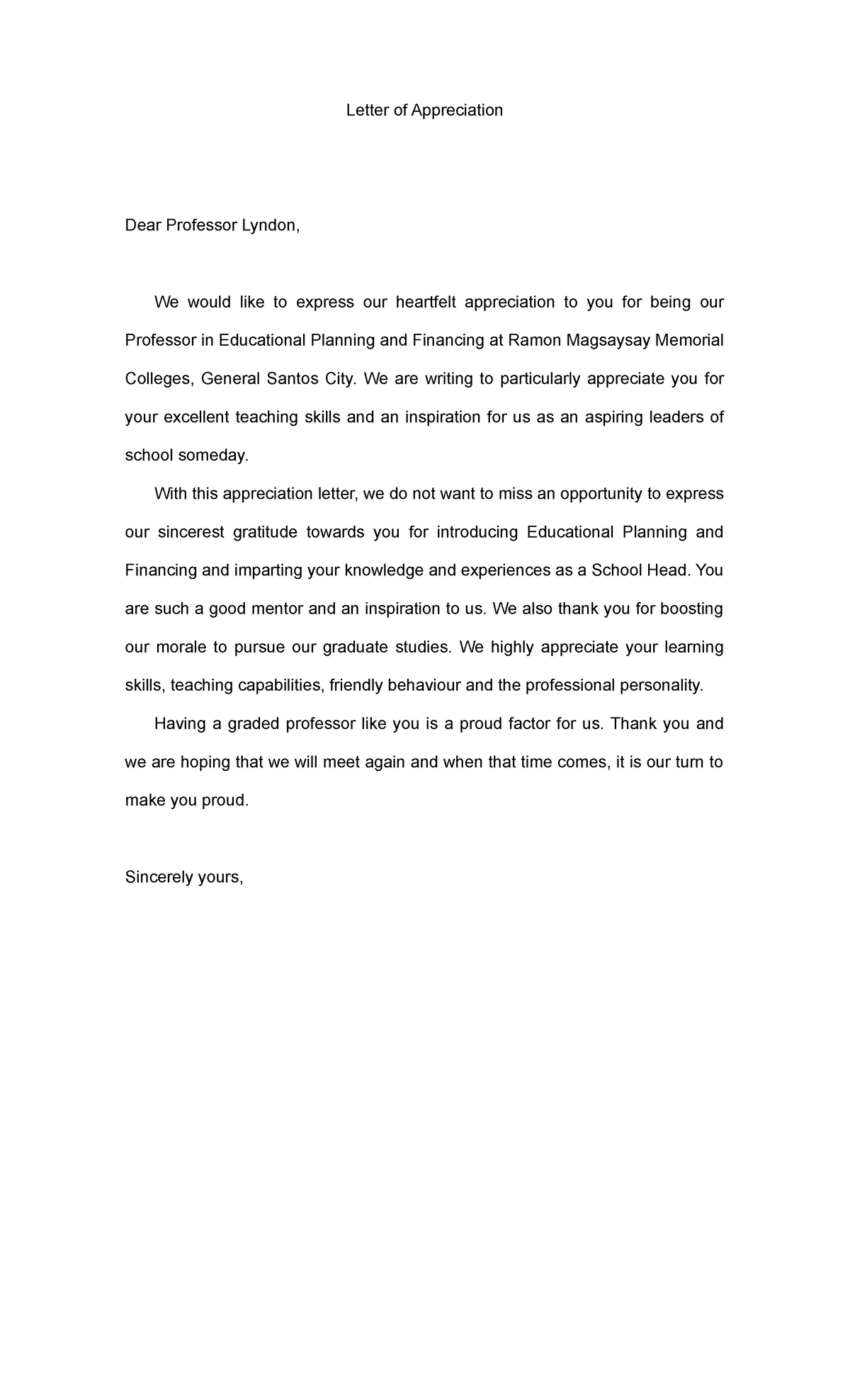 Letter of Appreciation - Letter of Appreciation Dear Professor Lyndon ...