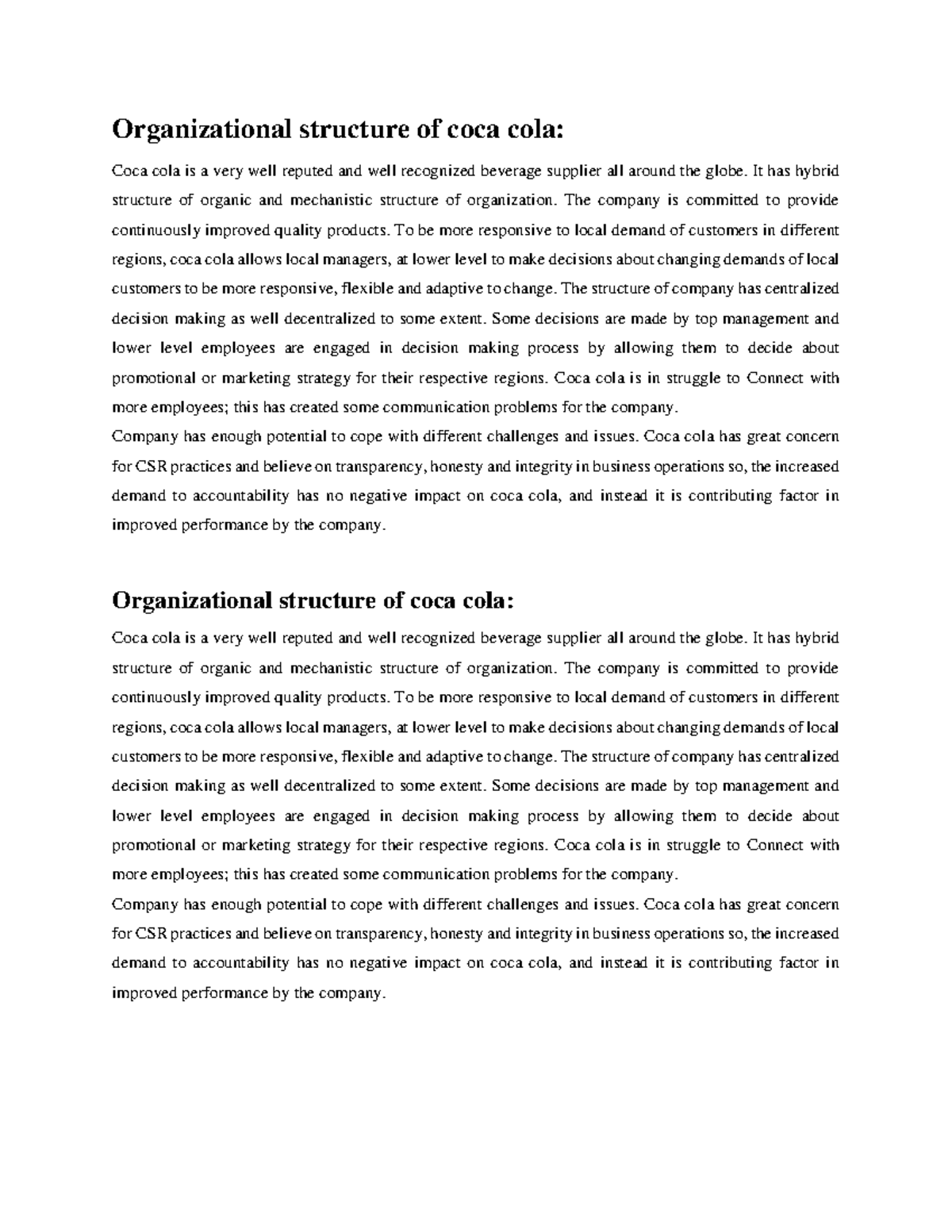 CASE Study ON Cocacola Company - Organizational structure of coca cola ...
