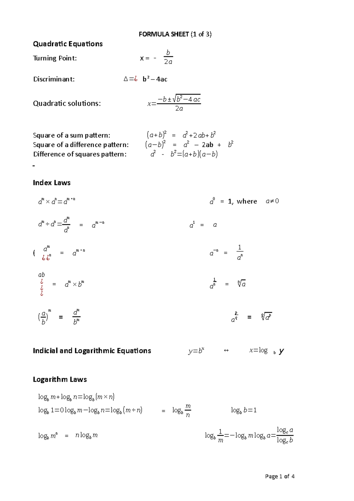 Formula Sheet-Integration UQ college 2018 2019 - MATH1050 - UQ - Studocu