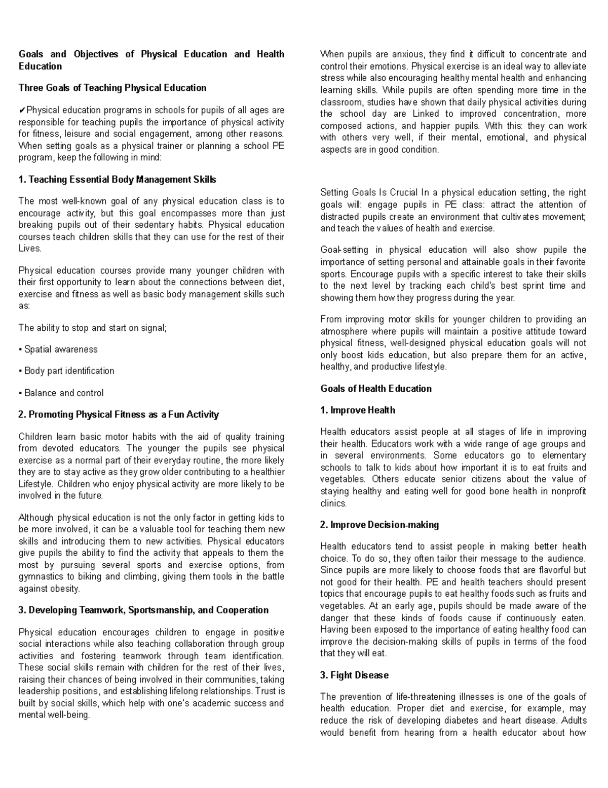 PE and Health - None - Goals and Objectives of Physical Education and ...