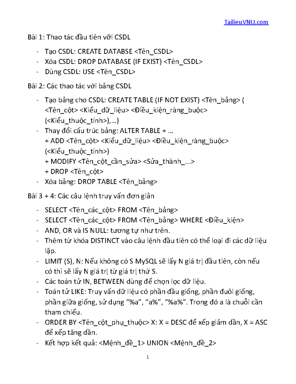 Tom tat cong thuc Co so du lieu UET - TailieuVNU 1 B‡i 1: Thao tác đ¿u tiÍn vÿi CSDL T¿o CSDL ...