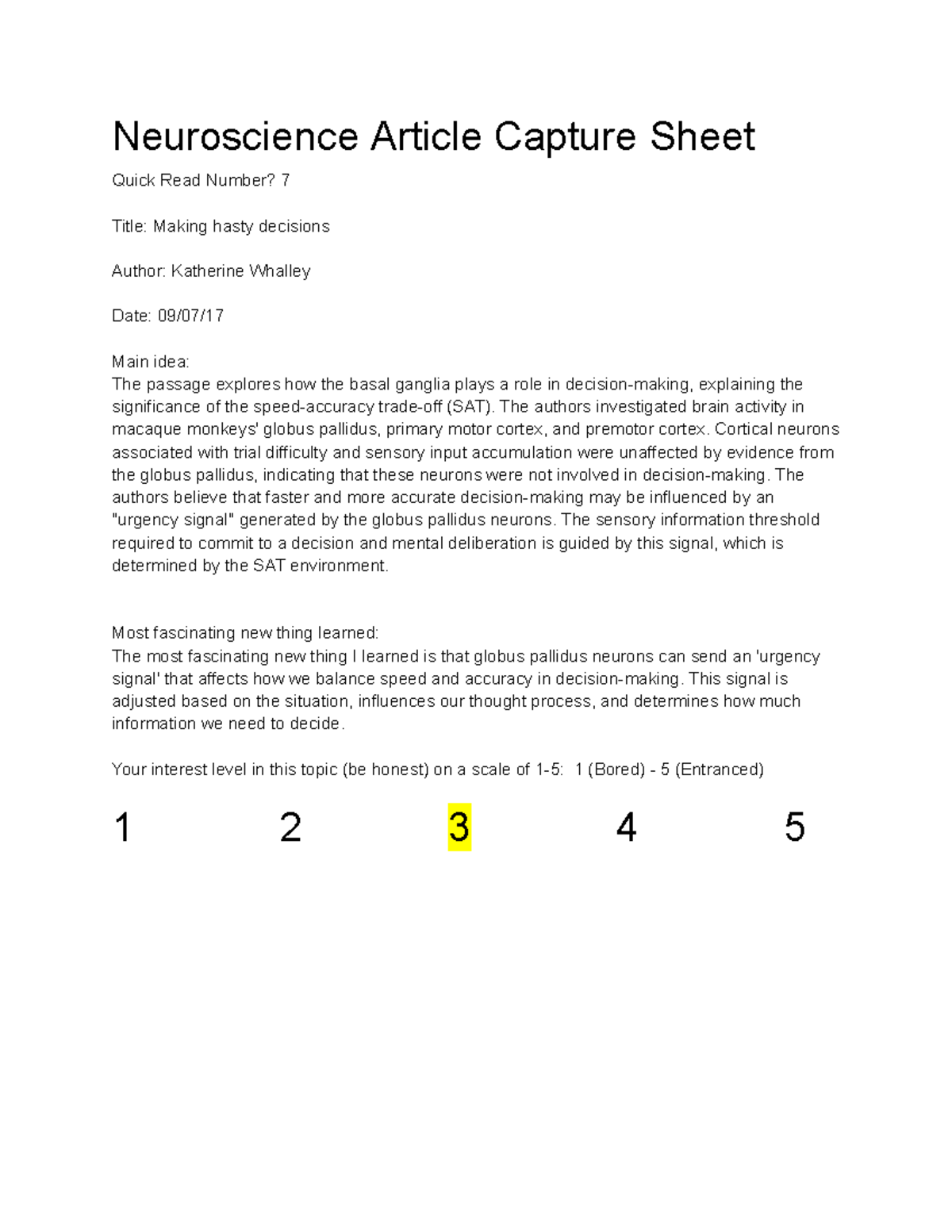Neuroscience Article Capture Sheet - The authors investigated brain ...