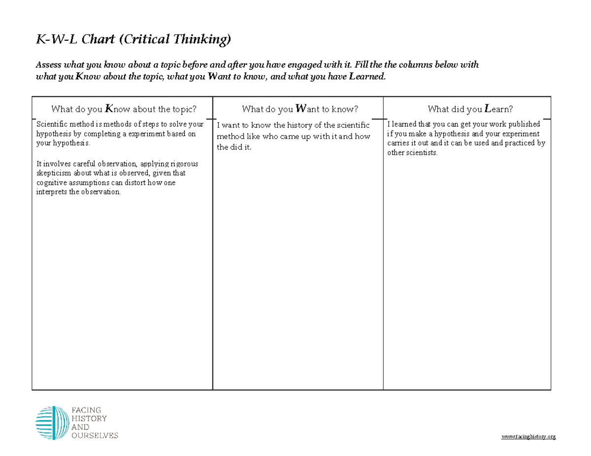 Worksheet 2 - Know What Learned(Scientific Method) - K-W-L Chart ...