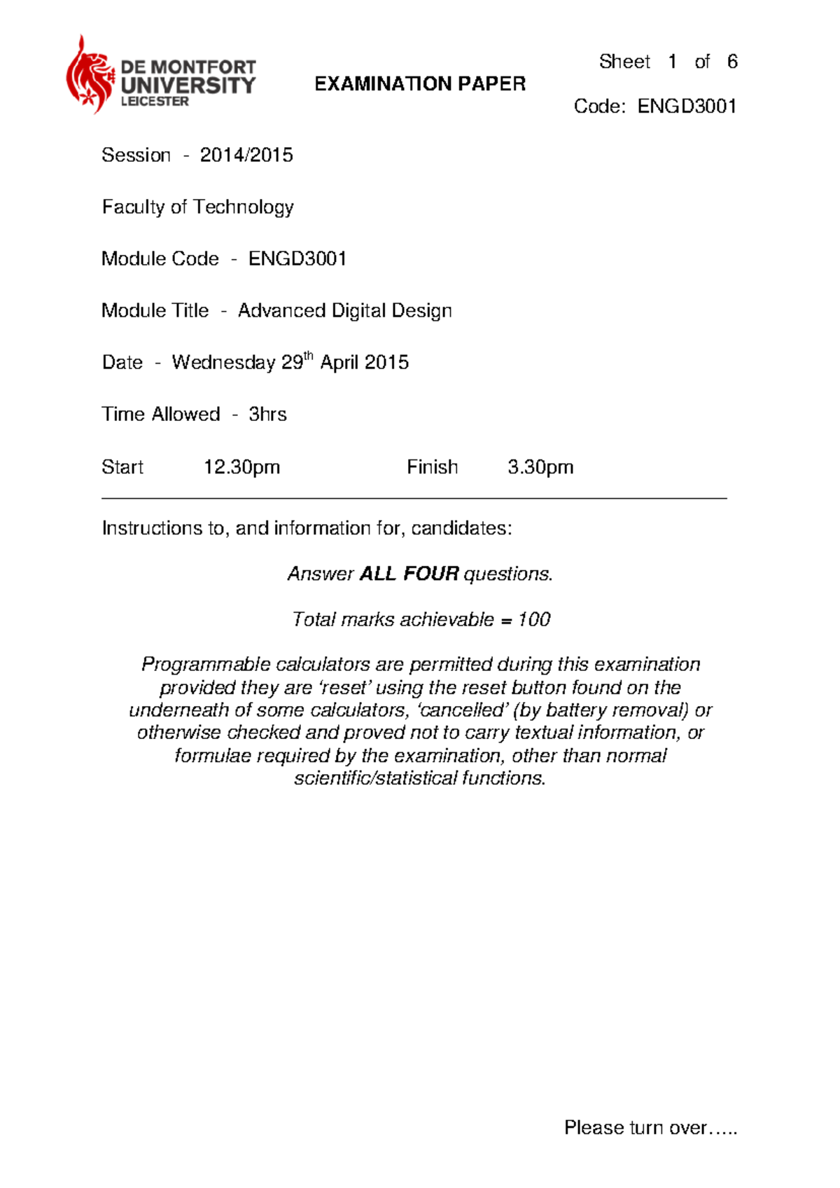 Advanced Digital Design - EXAMINATION PAPER Code: ENGD Please turn over ...