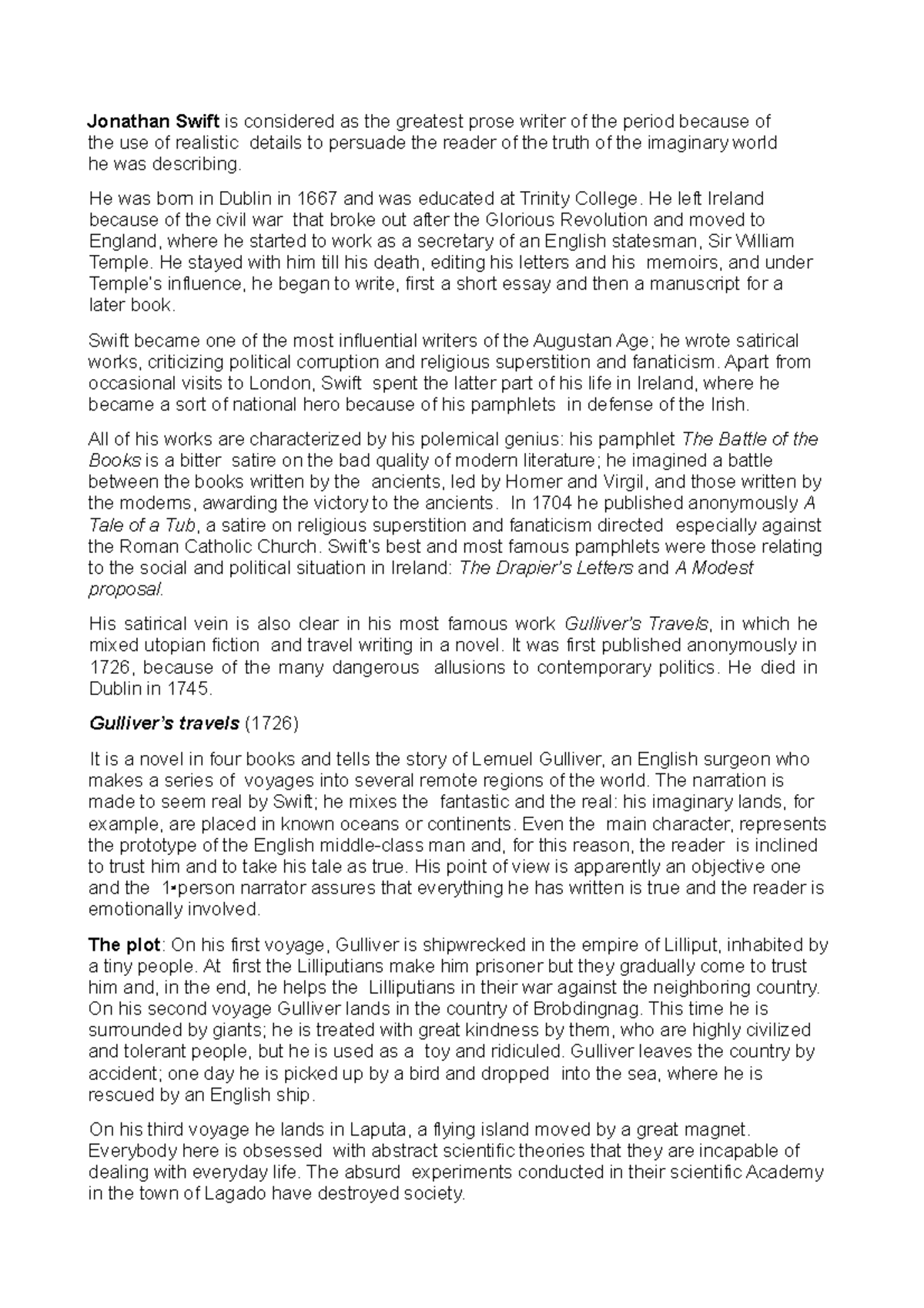 Jonathan Swift vita e opere maggiori - Jonathan Swift is considered as ...