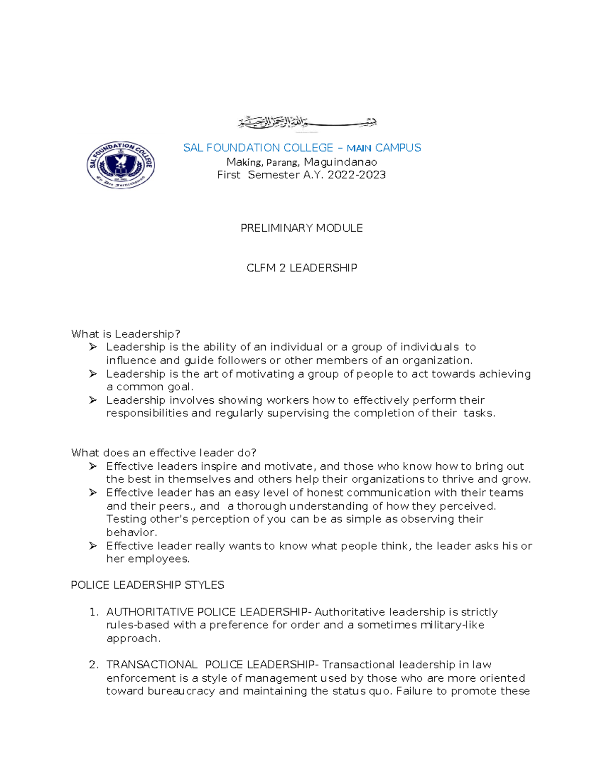 CFLM 2 Module 2023 - character formation - SAL FOUNDATION COLLEGE ...