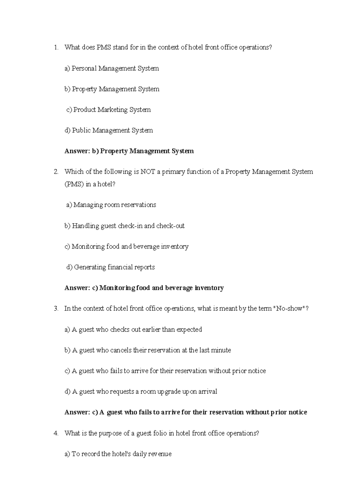 Front Office MCQs - What does PMS stand for in the context of hotel ...