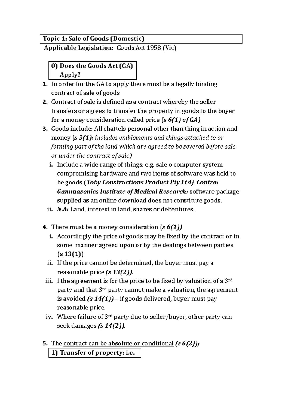 Sale of goods notes - **Topic 1: Sale of Goods (Domestic) Applicable ...