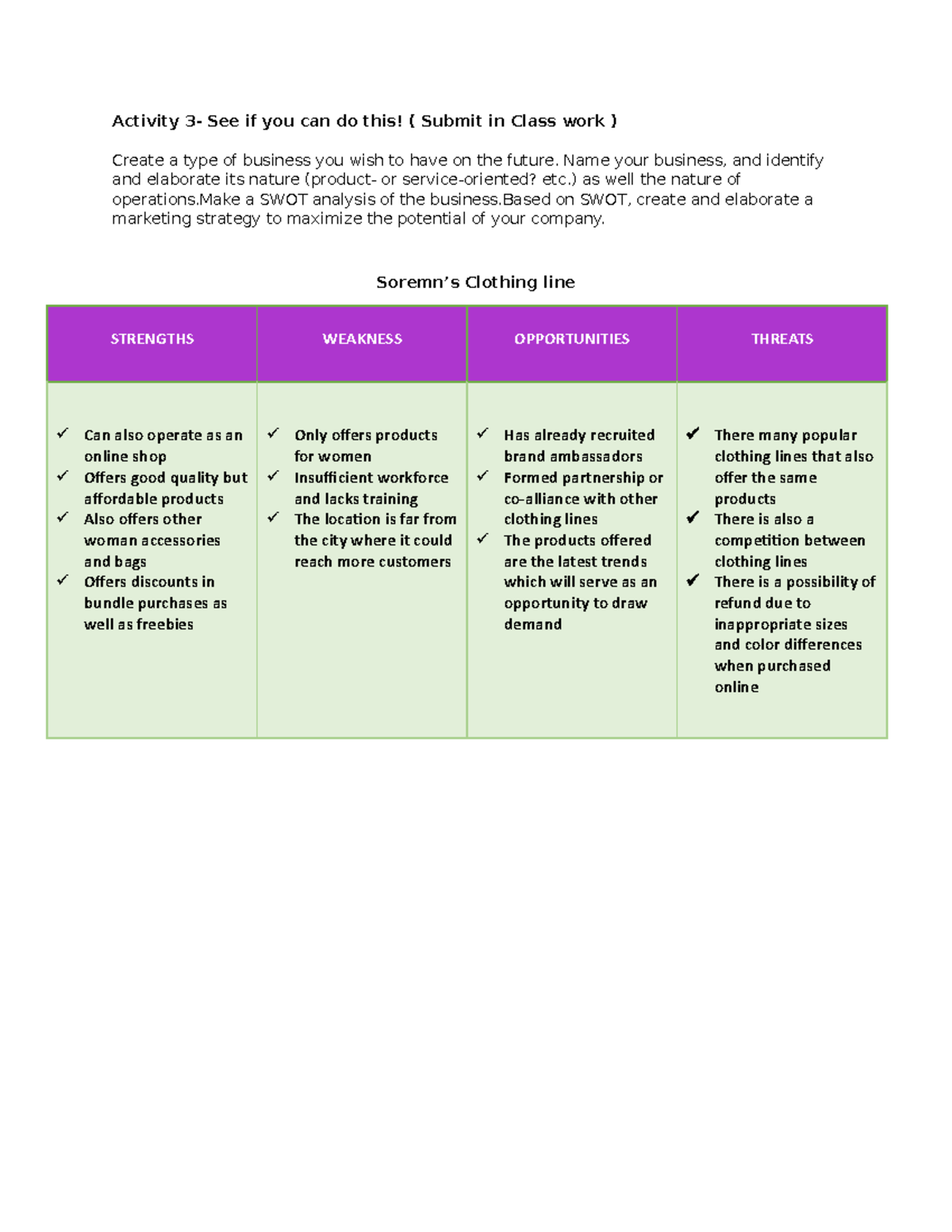 SWOT Analysis - PURPOSIVE COMMUNICATION - Activity 3- See if you can do ...