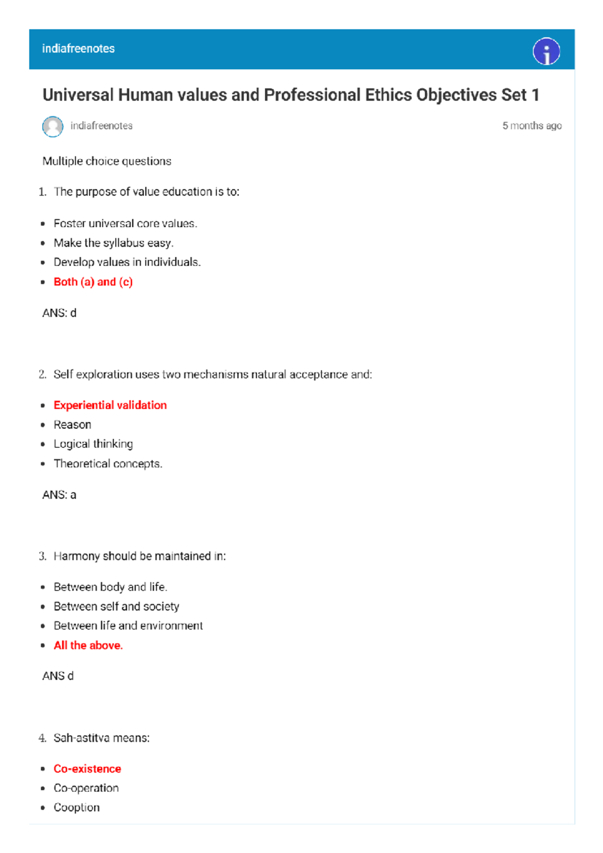 UHV Question SET 1 - indiafreenotes i Universal Human values and ...