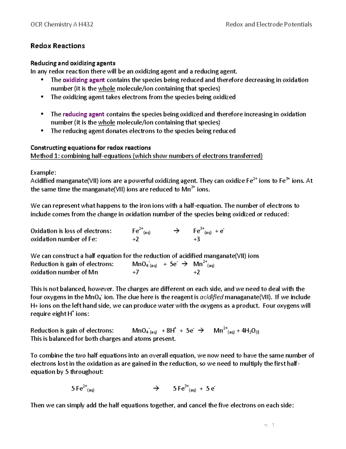 Redox and electrode potentials - Redox Reactions Reducing and oxidizing ...