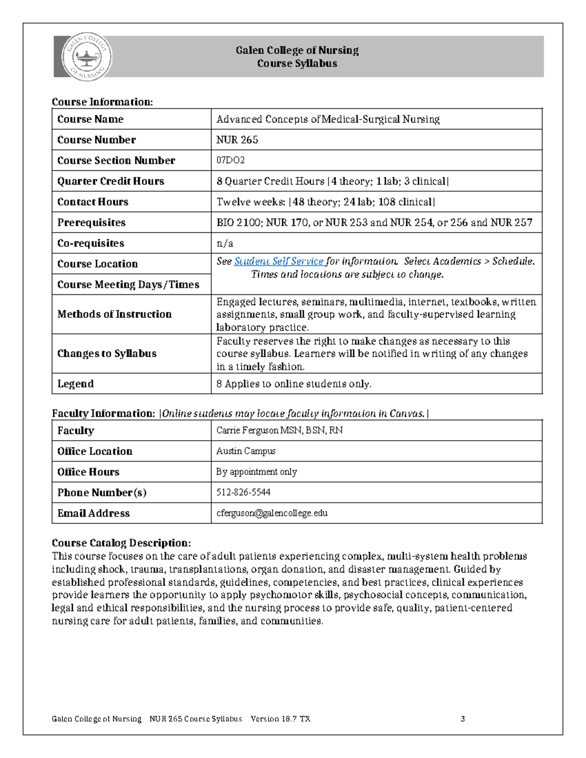NUR 265 Syllabus Version 18-7 TX-07DO2 - Galen College of Nursing ...
