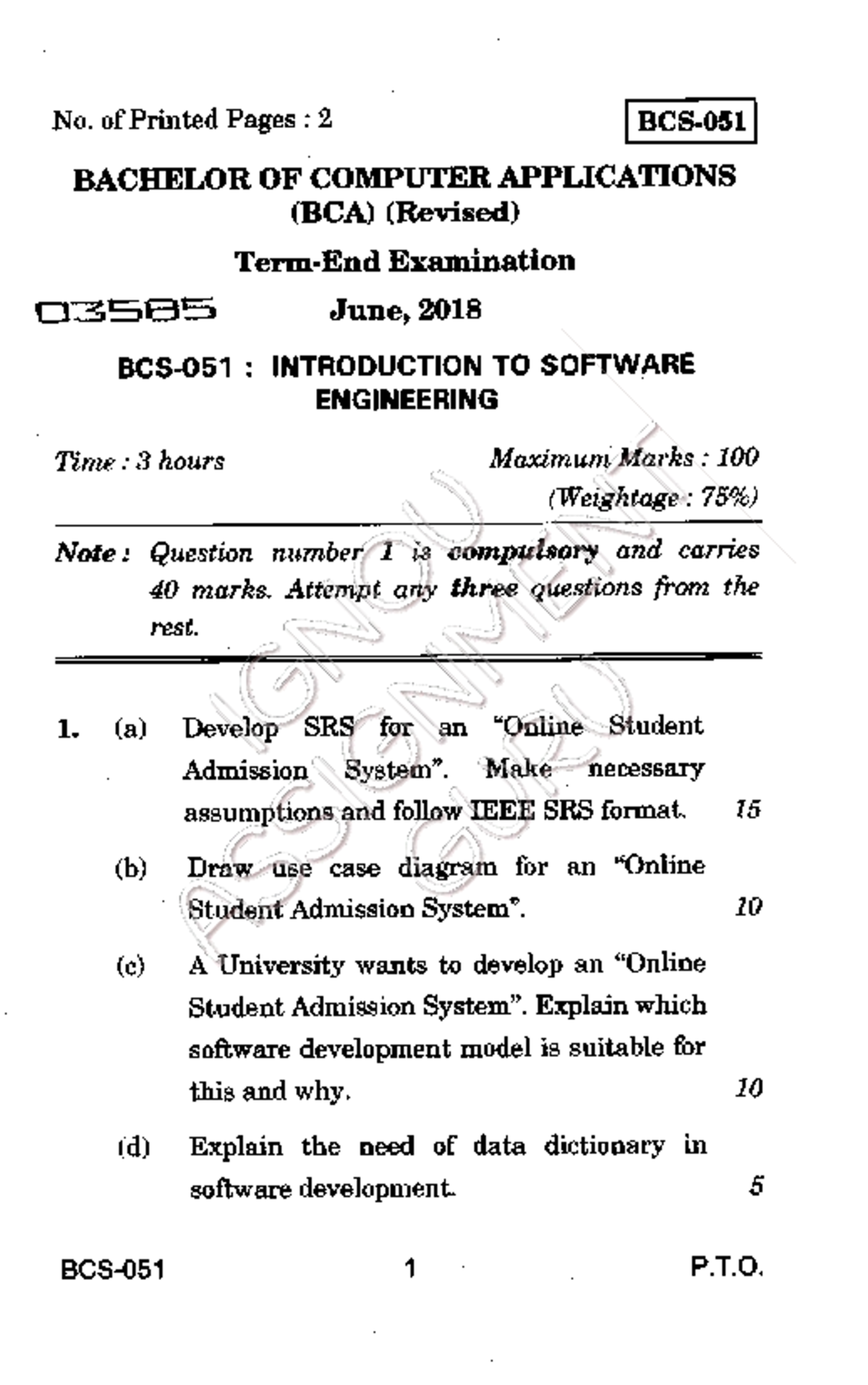 Previous Year Question Paper 05 - No. of Printed Pages : 2 I BCS ...