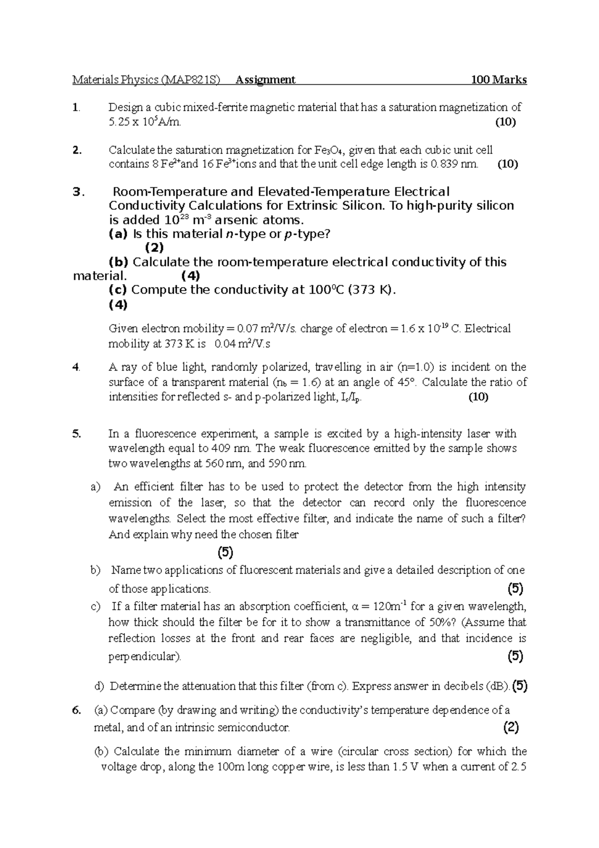 Assignment Question MAP - Materials Physics (MAP821S) Assignment 100 ...