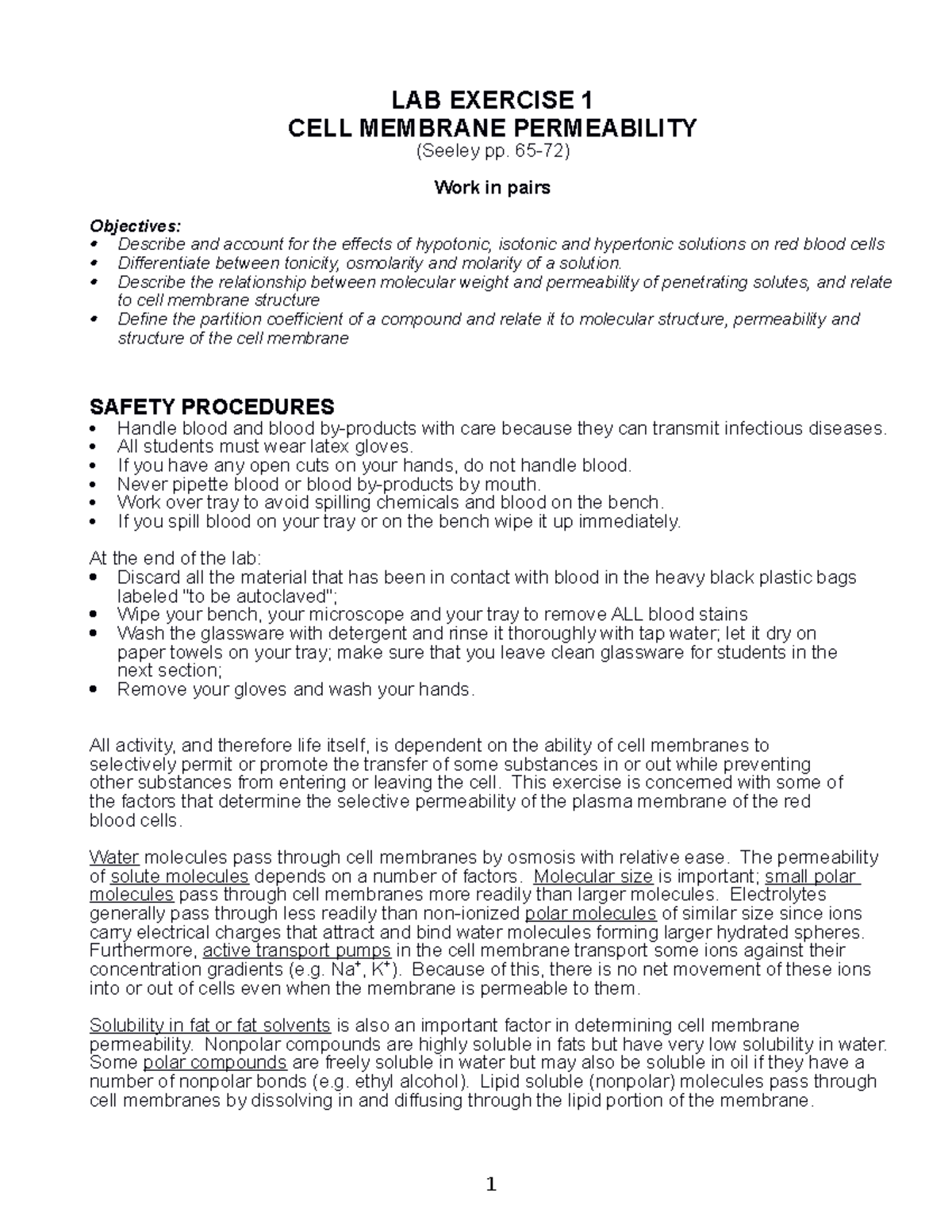 SCIE1106 Laboratory 3 Experiment - LAB EXERCISE 1 CELL MEMBRANE ...