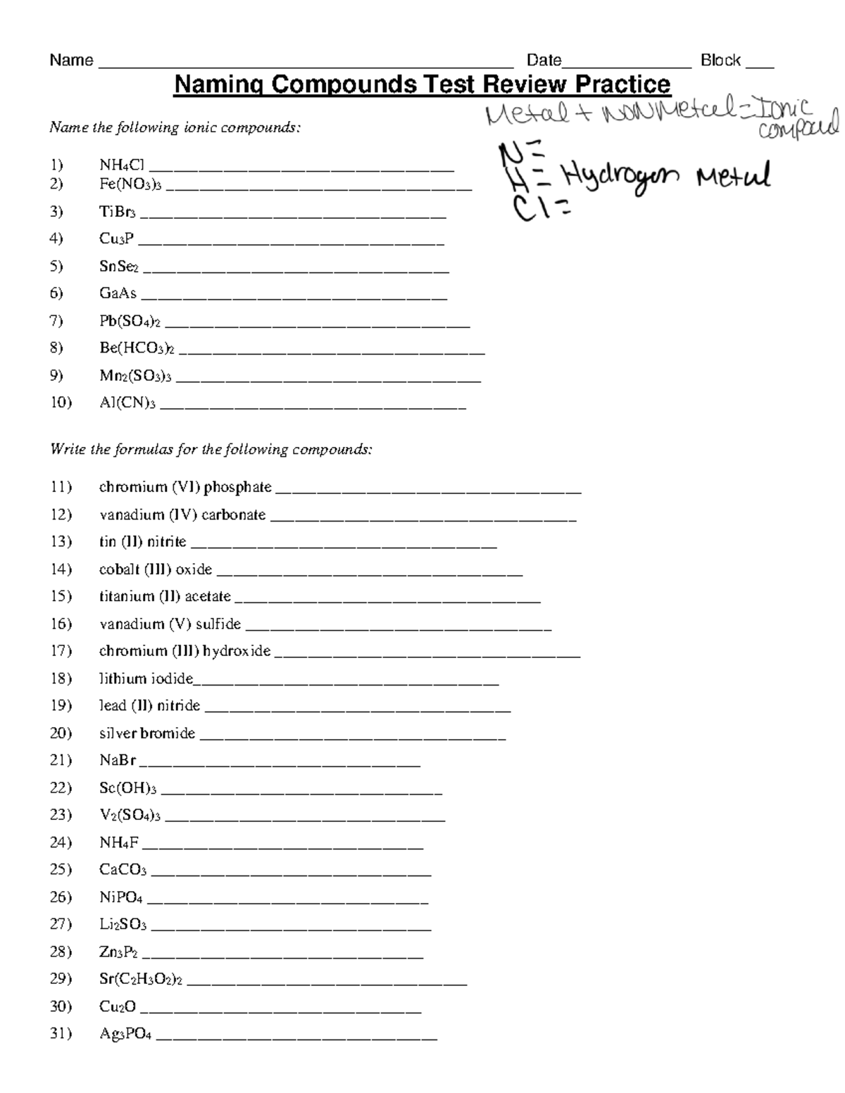 Naming Compounds Test Review Practice - B) They are the most reactive ...