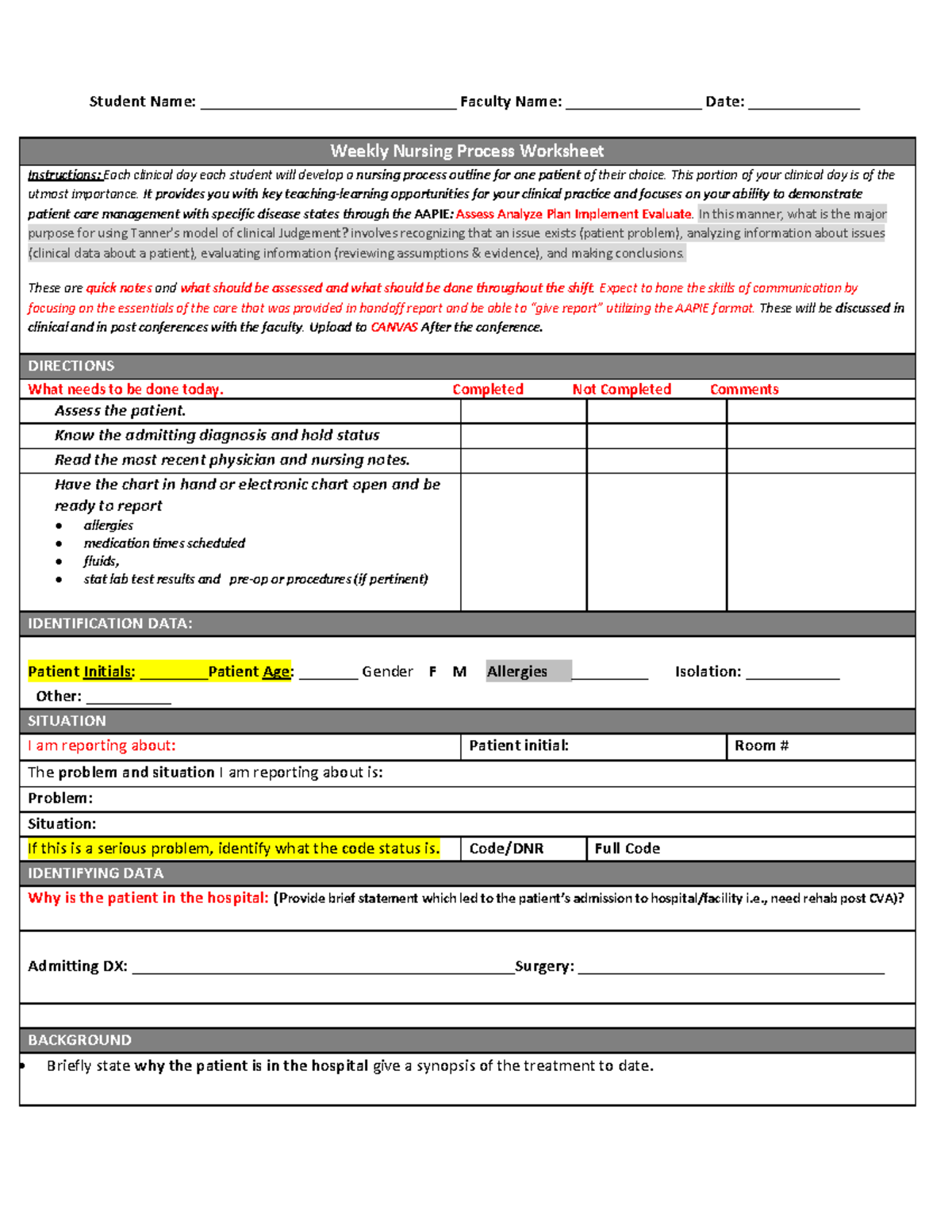 Nursing Process Worksheet - Student Name ...