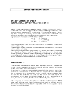 Trade Finance - Standby Letter of Credit Notes - STANDBY LETTERS OF ...