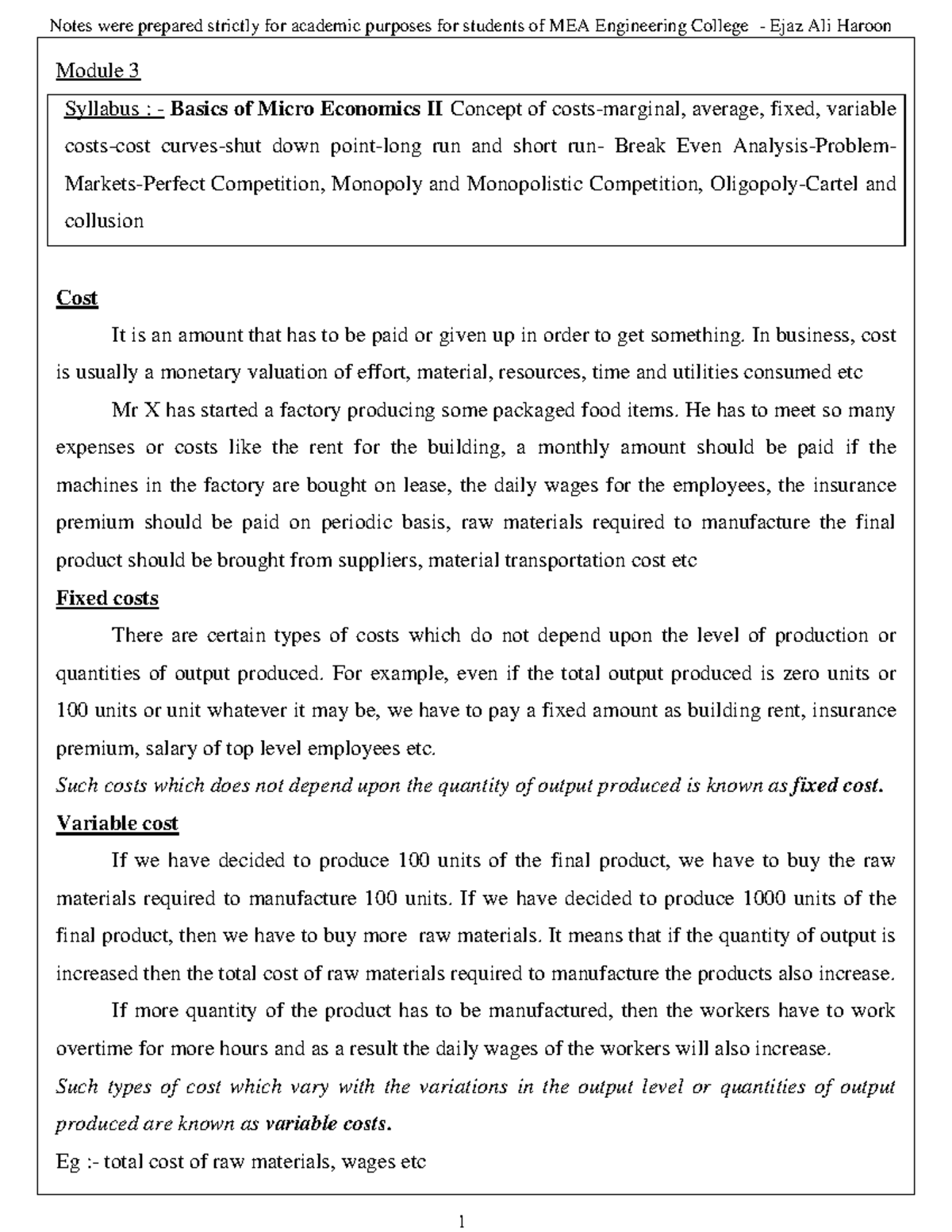 Economics module 3 - Note - Notes were prepared strictly for academic ...