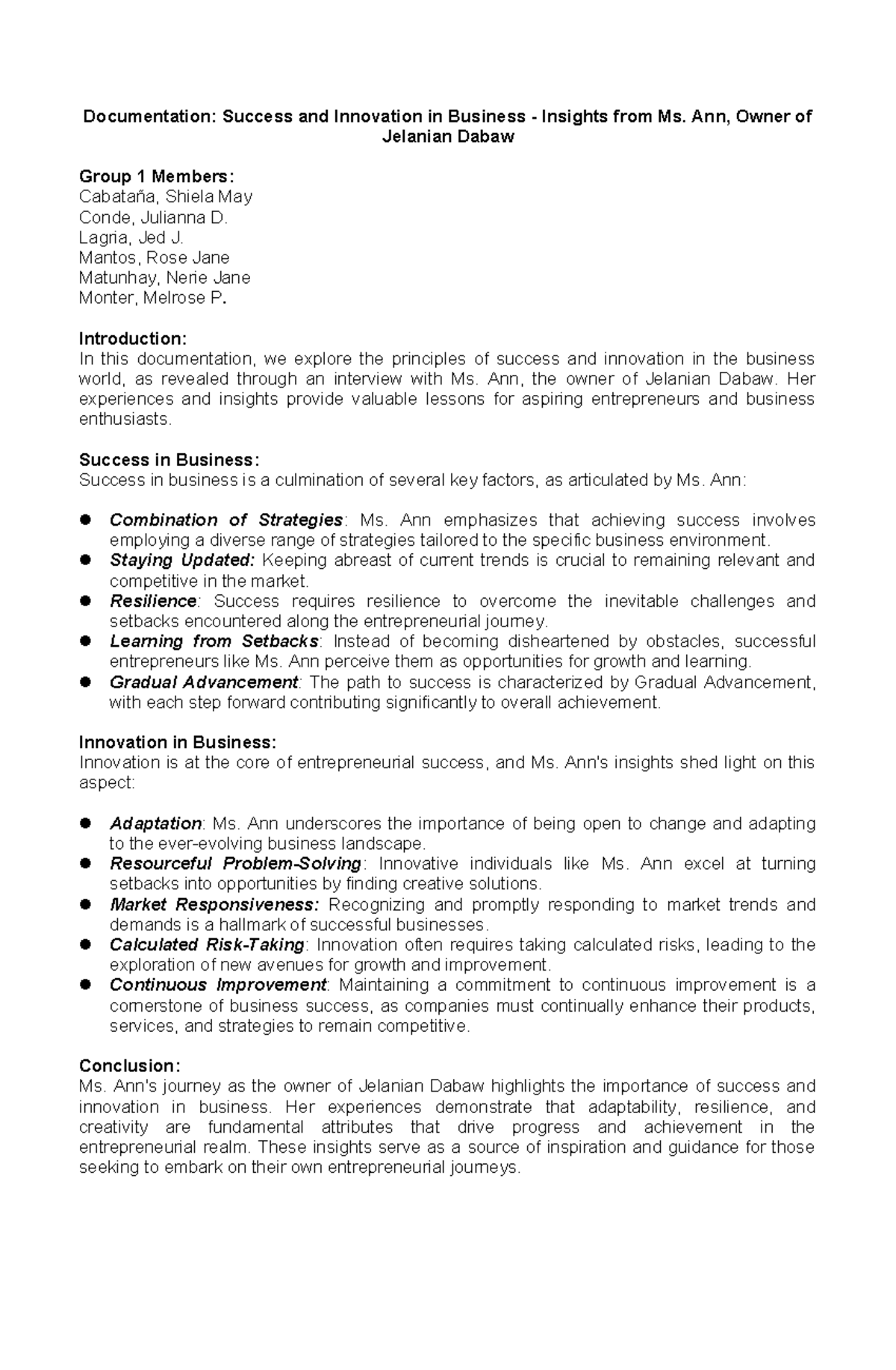 Entrep- Success&Innovation based on the Interview - Documentation ...