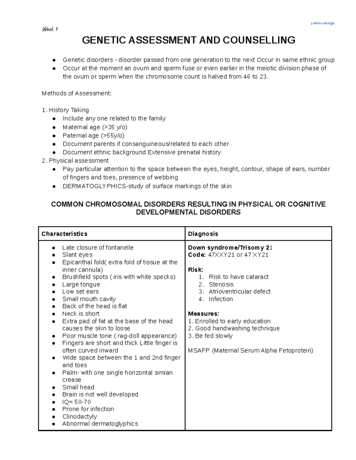 Gestational- Conditions - Week 1 GENETIC ASSESSMENT AND COUNSELLING ...