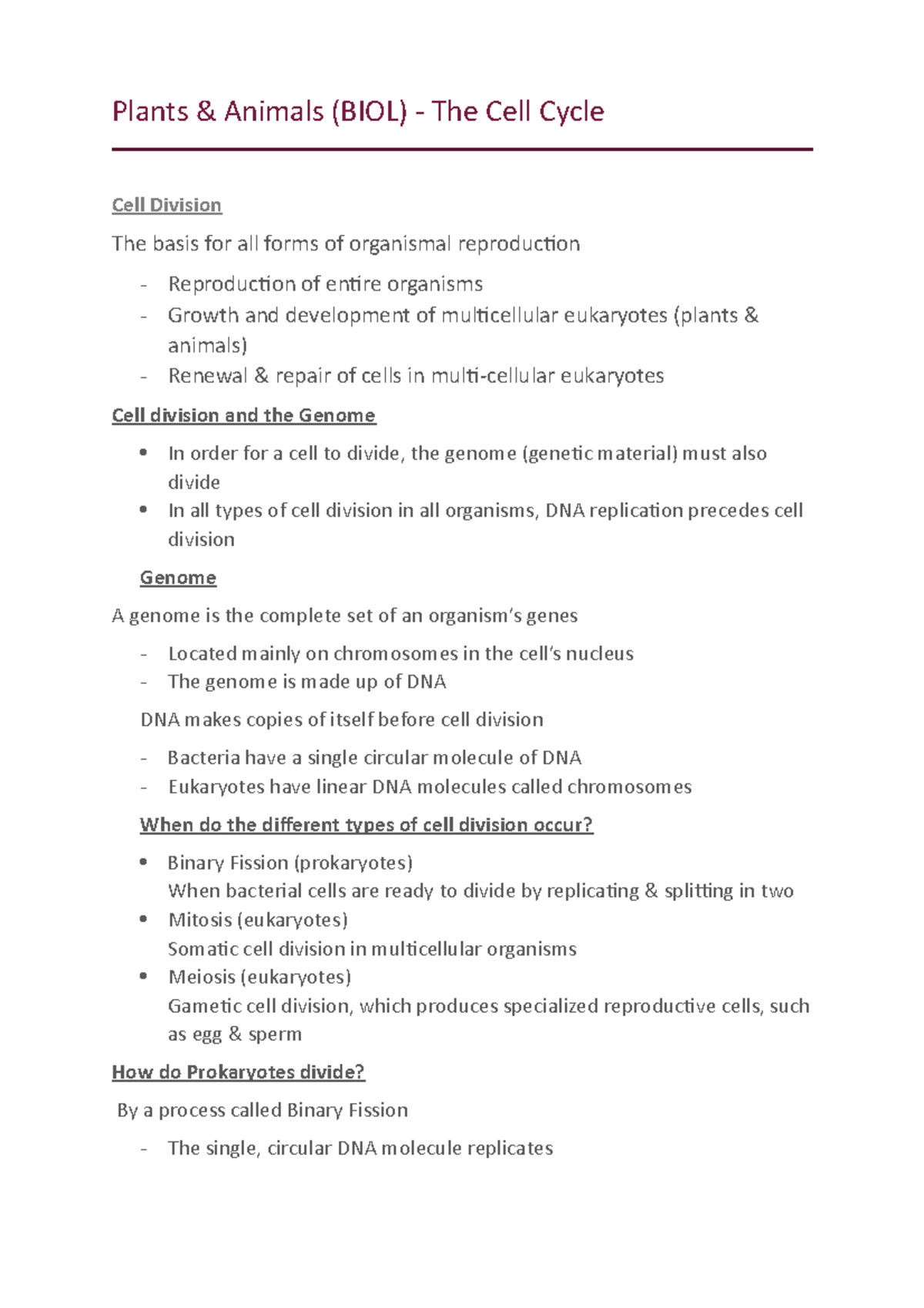 Plants & Animals - Cell division (Biology) - BIOL502 - StuDocu