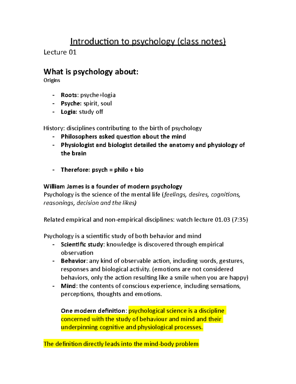 Introduction to psychology(class notes) - Introduction to psychology ...